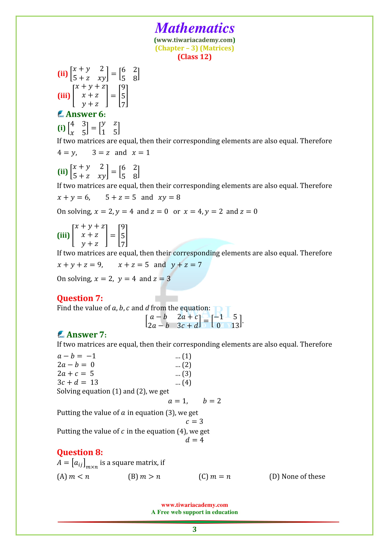 NCERT Solutions for Class 12 Maths Chapter 3 Exercise 3.1 Matrices PDF