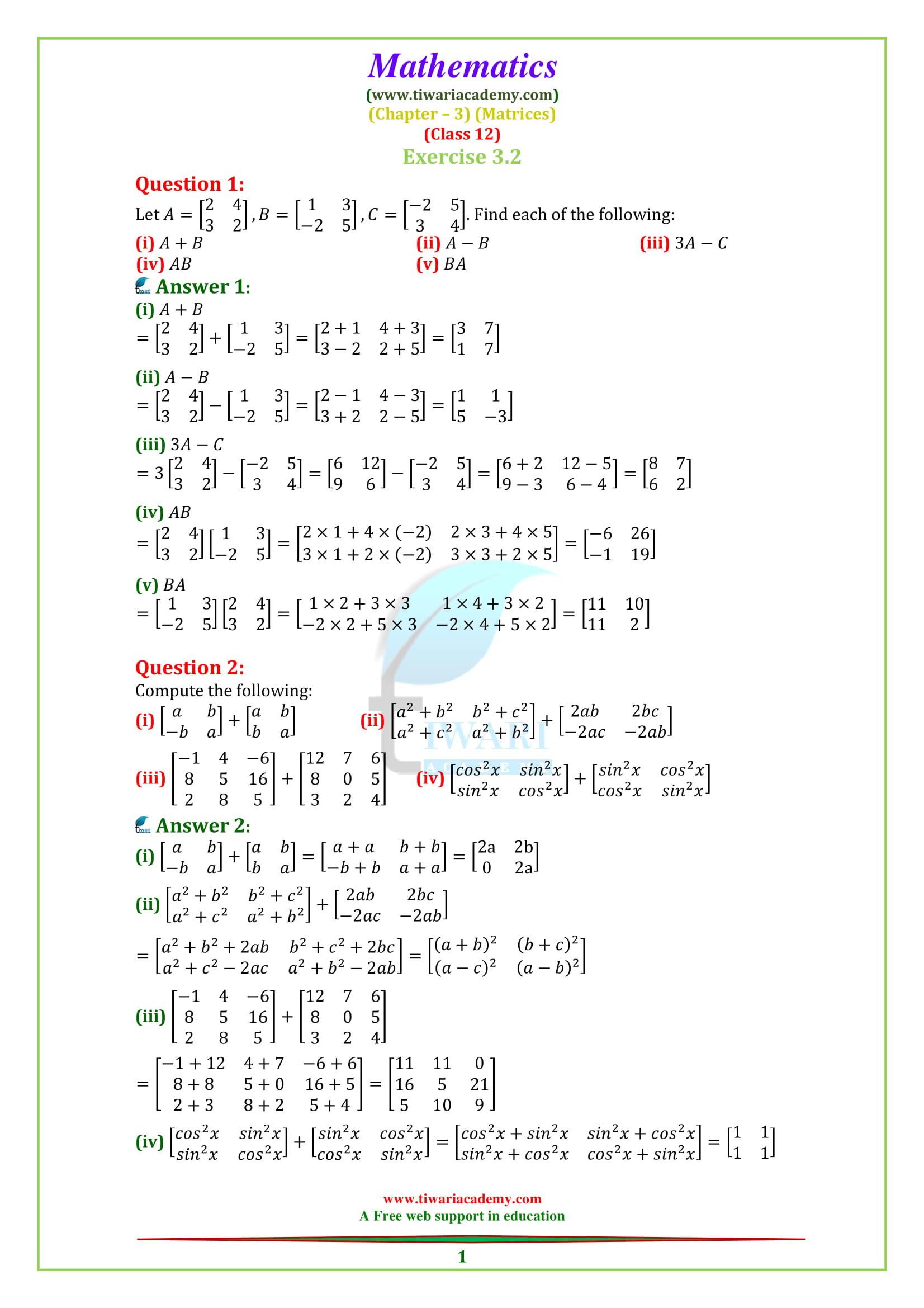 NCERT Solutions for Class 12 Maths Chapter 3 Exercise 3.2 Matrices