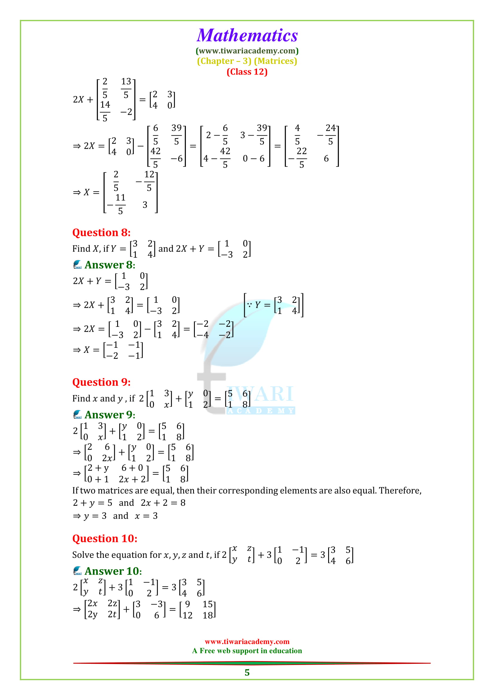 NCERT Solutions for Class 12 Maths Chapter 3 Exercise 3.2 Matrices