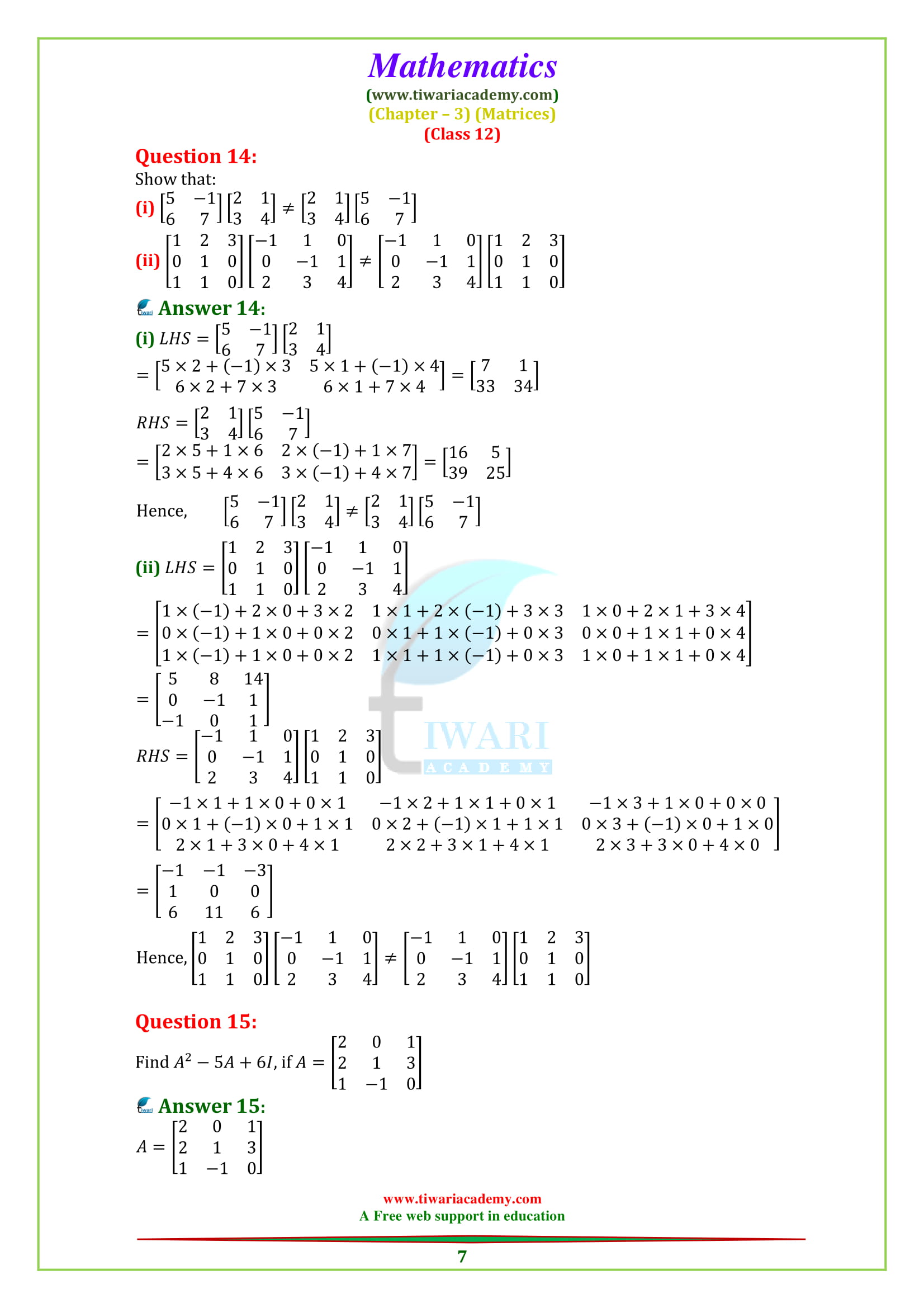 NCERT Solutions for Class 12 Maths Chapter 3 Exercise 3.2 Matrices