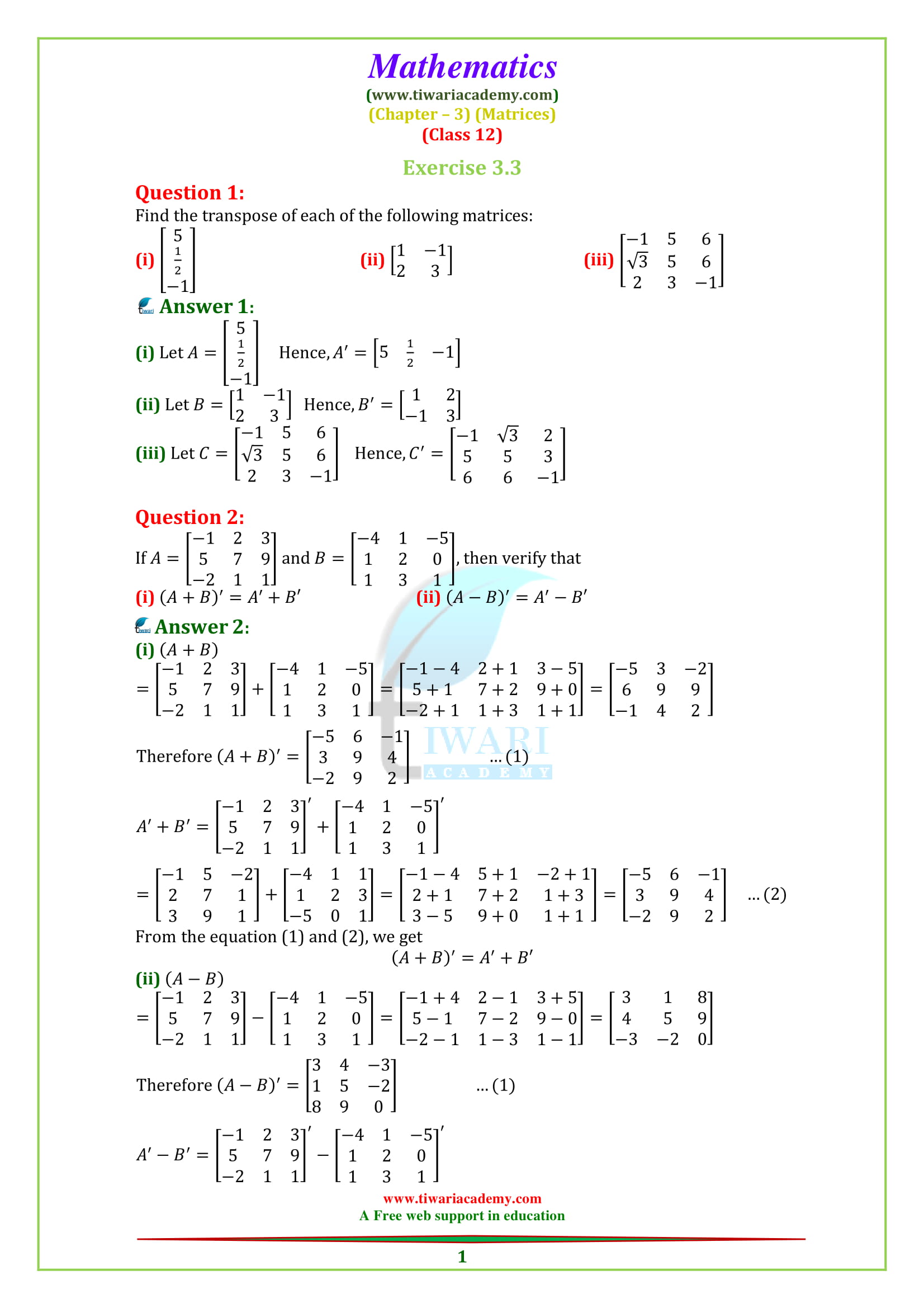 NCERT Solutions for Class 12 Maths Chapter 3 Exercise 3.3