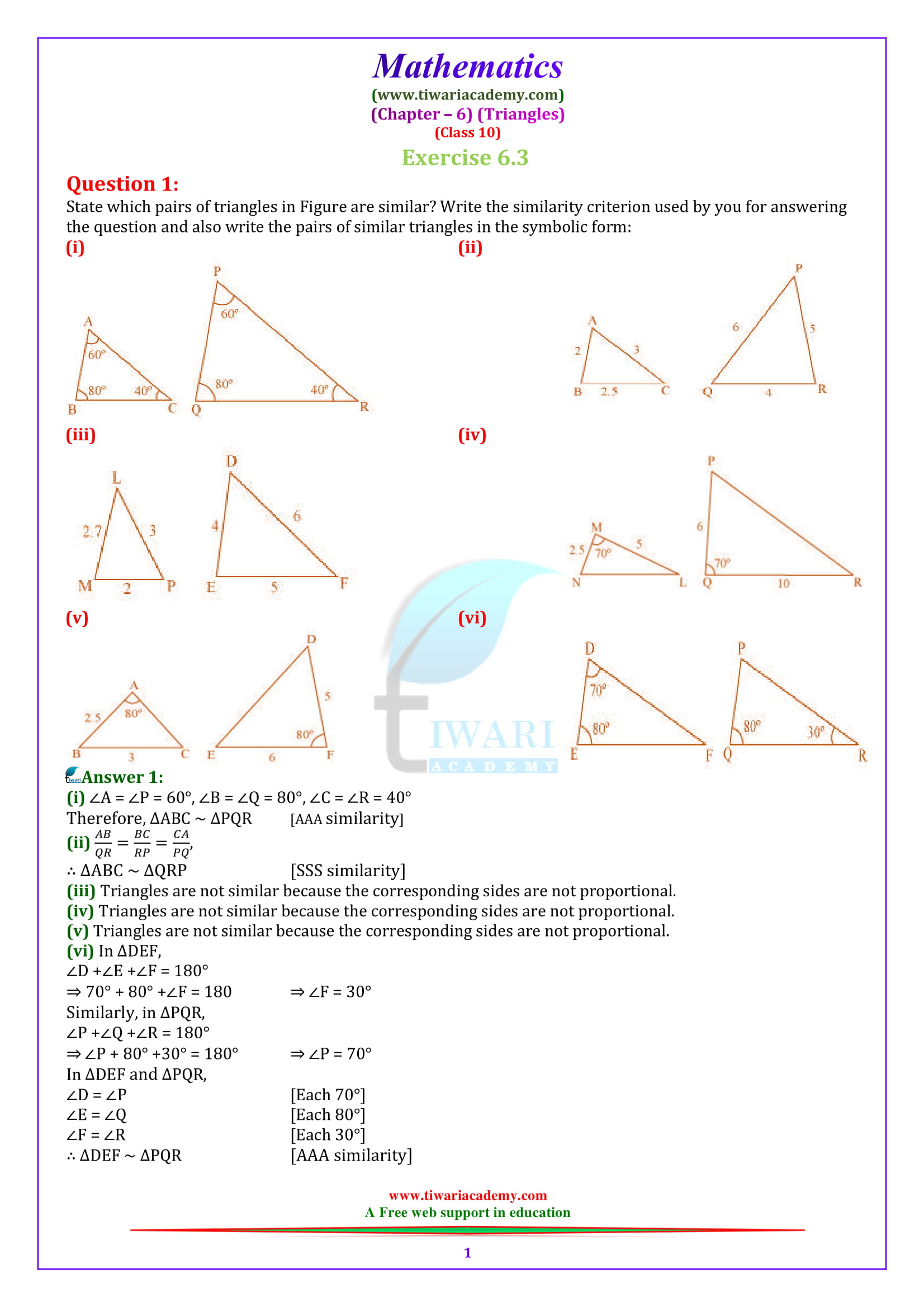 NCERT Solutions for Class 10 Maths Chapter 6 Exercise 6.3 Triangles