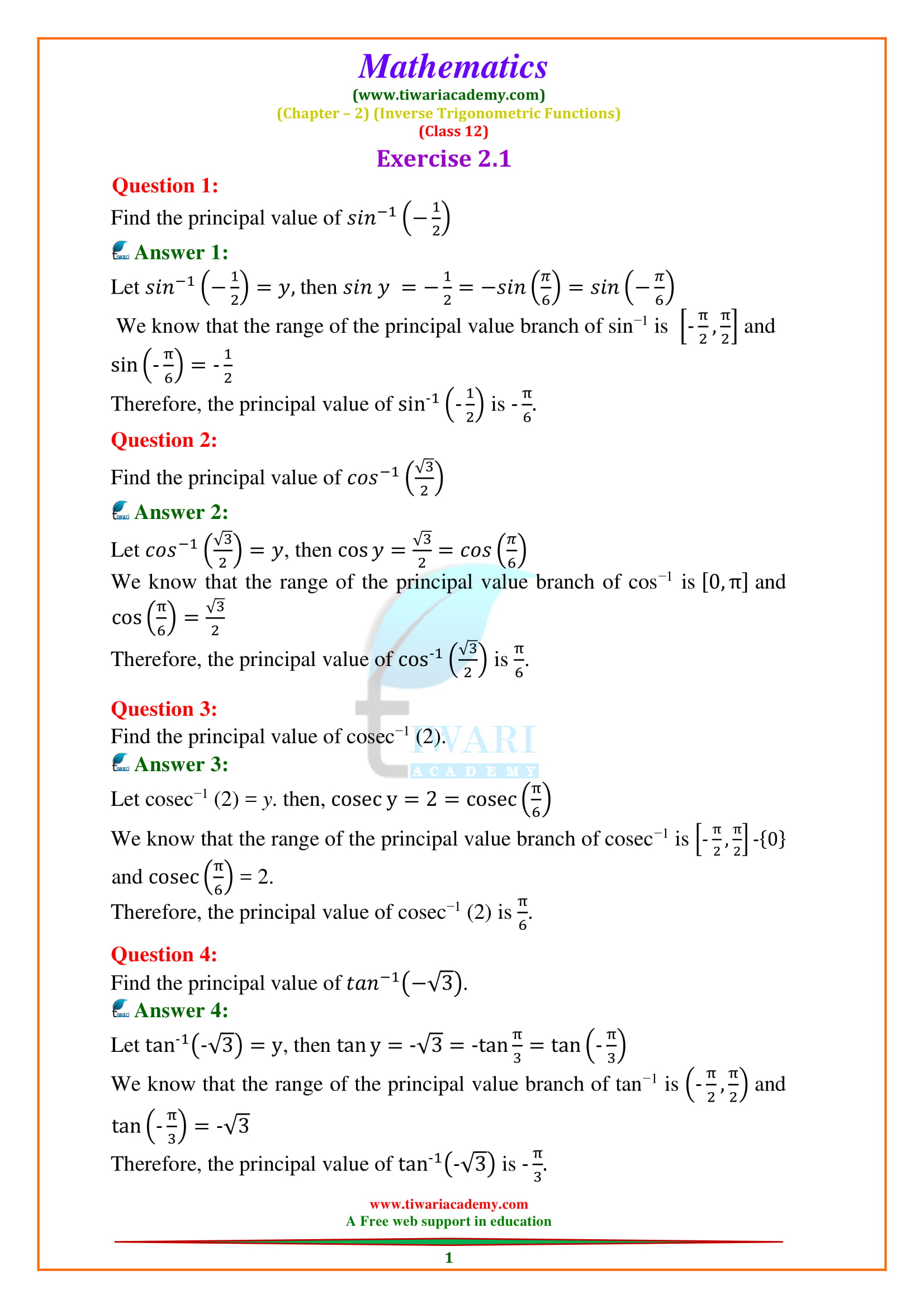 NCERT Solutions for Class 12 Maths Chapter 2 Exercise 2.1 in PDF.