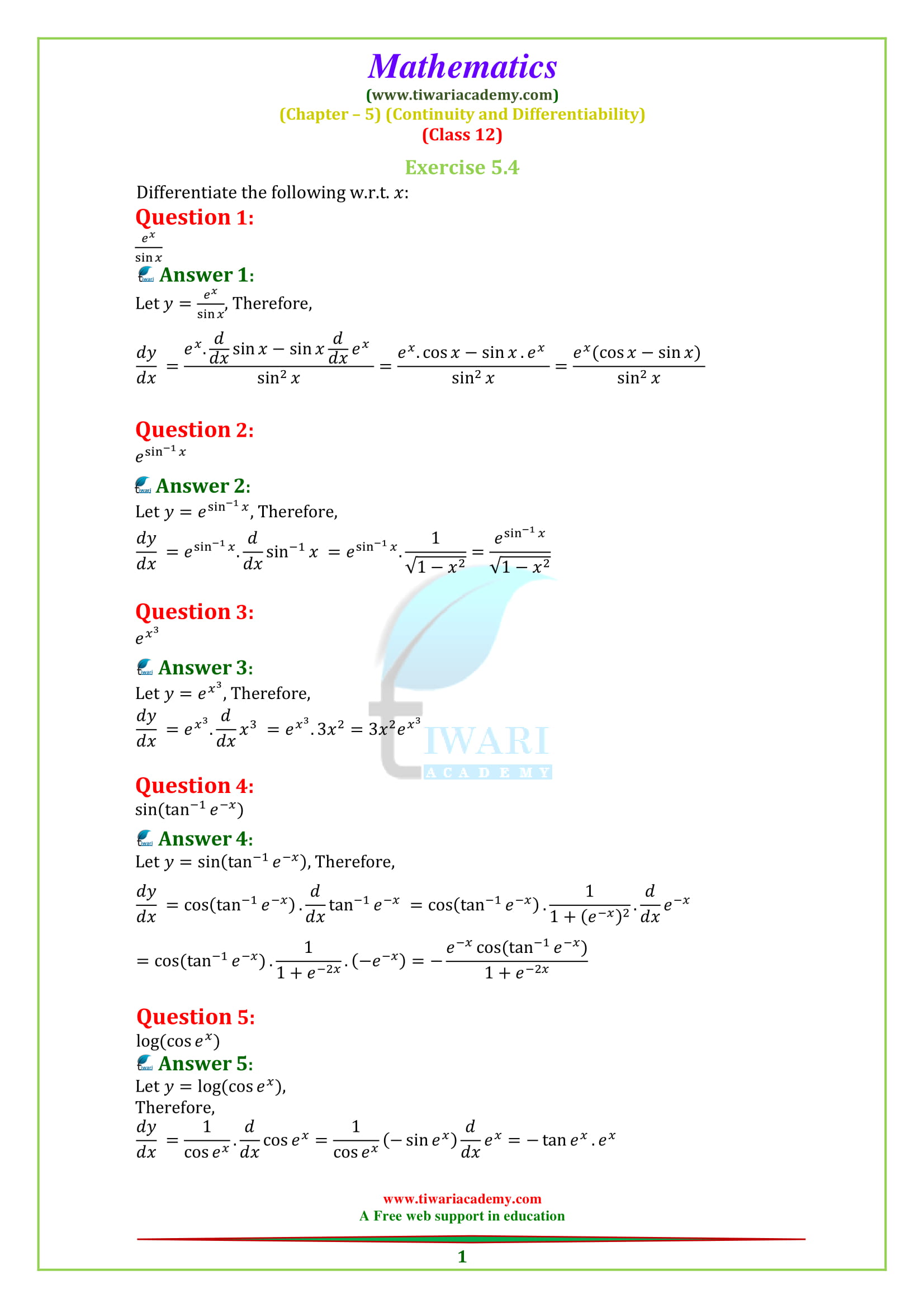 NCERT Solutions for Class 12 Maths Chapter 5 Exercise 5.4 in PDF