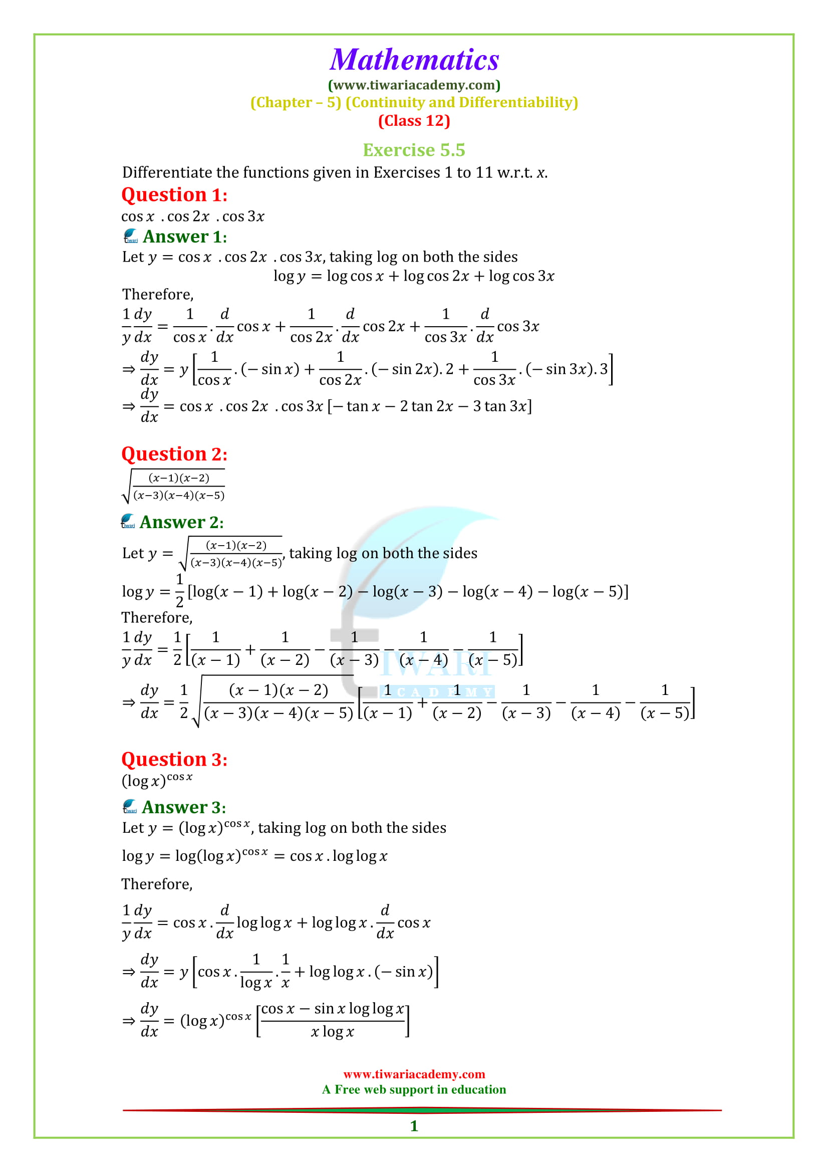 NCERT Solutions for Class 12 Maths Chapter 5 Exercise 5.5 in PDF form