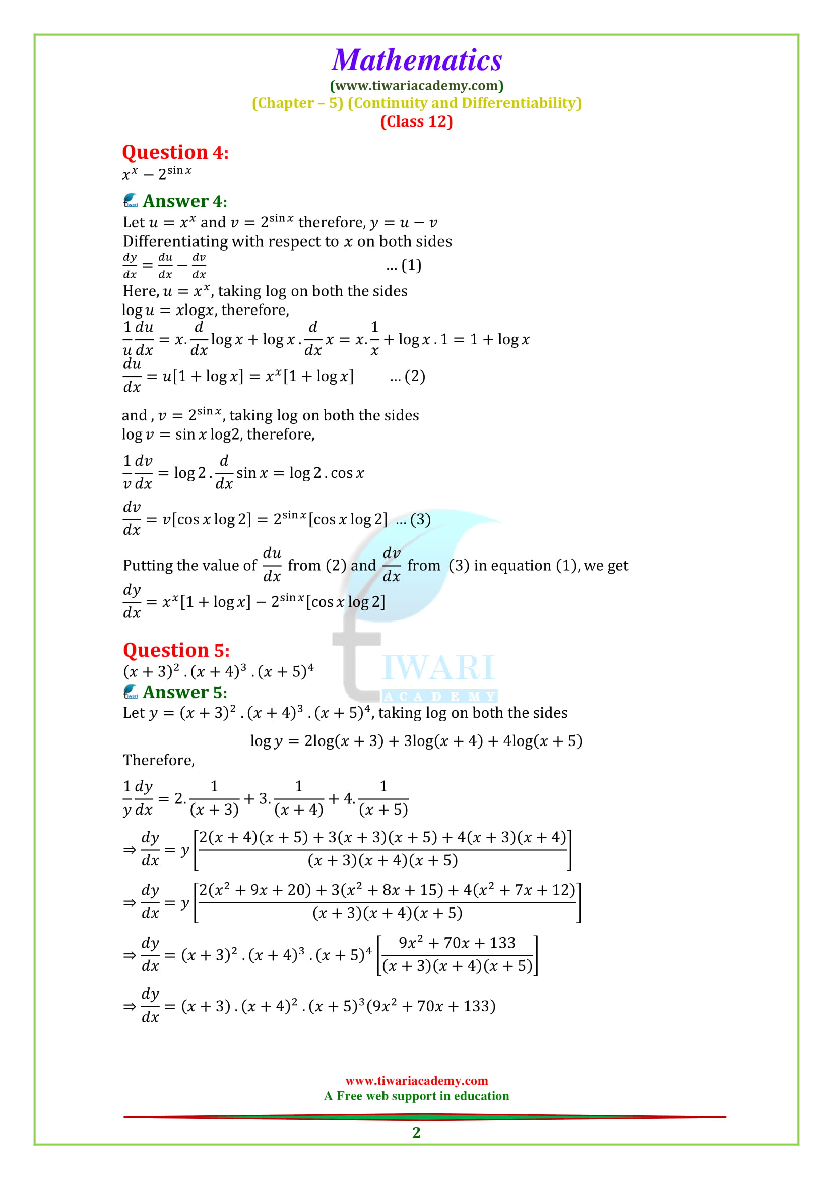 NCERT Solutions for Class 12 Maths Chapter 5 Exercise 5.5 in PDF form