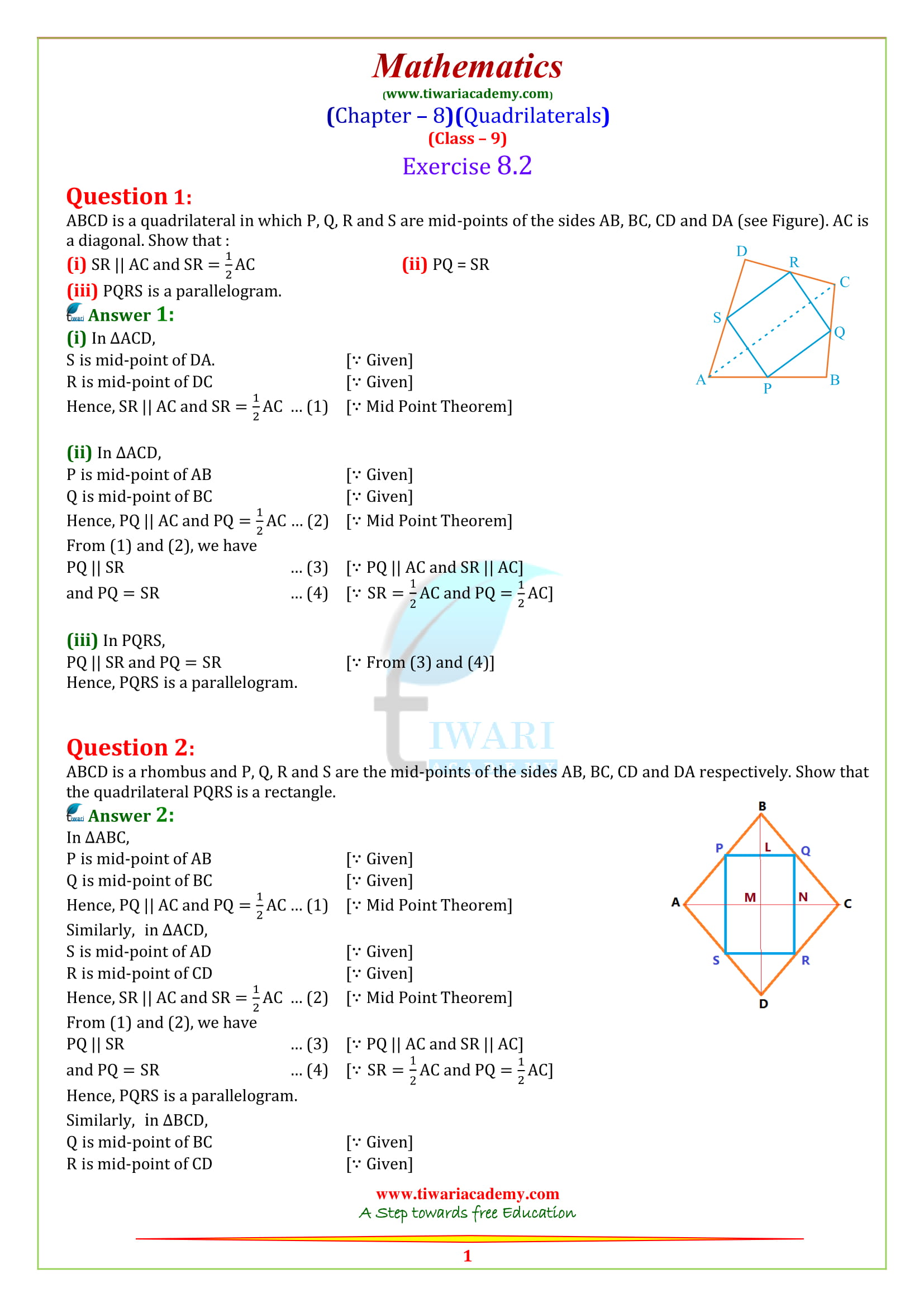 NCERT Solutions for Class 9 Maths Chapter 8 Exercise 8.2 Quadrilateral