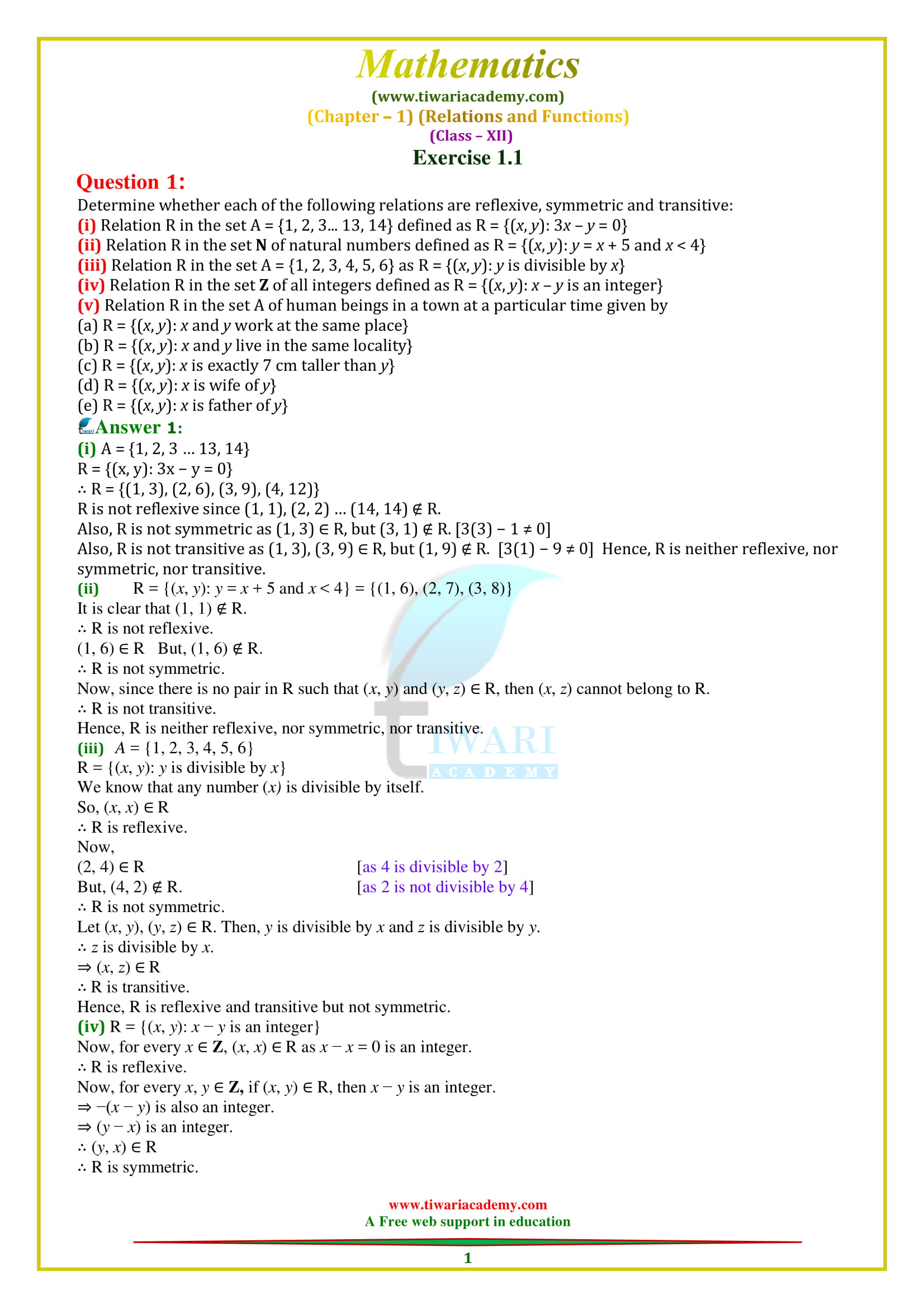 NCERT Solutions for Class 12 Maths Chapter 1 Exercise 1.1 in PDF
