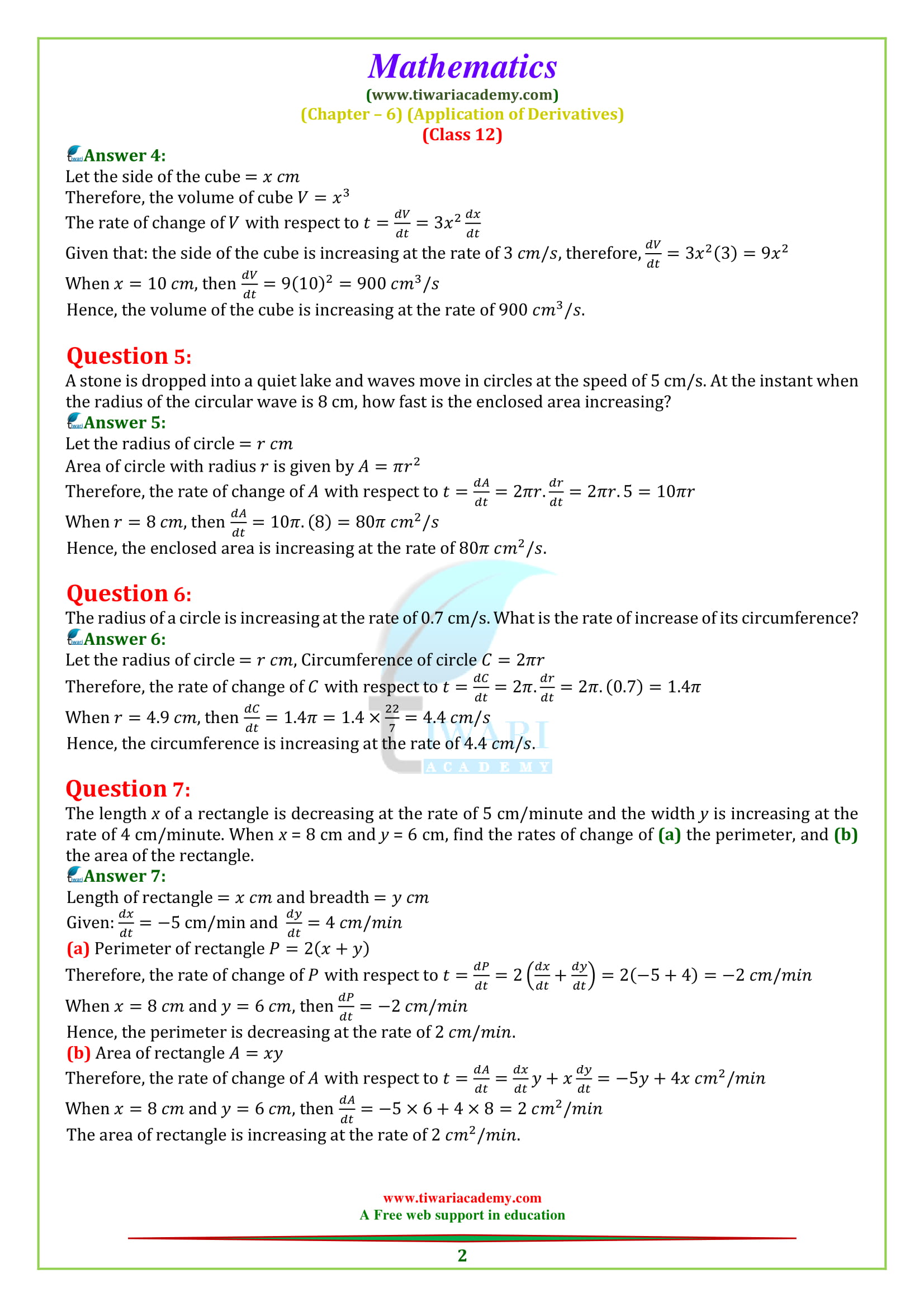 NCERT Solutions for Class 12 Maths Chapter 6 Exercise 6.1 AOD in PDF