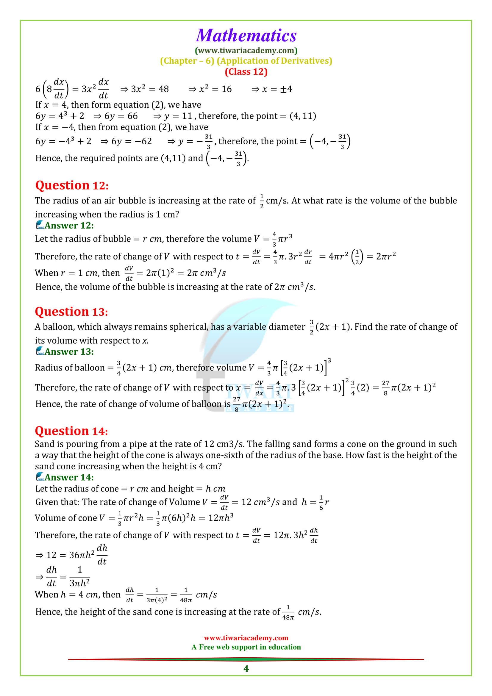 NCERT Solutions for Class 12 Maths Chapter 6 Exercise 6.1 AOD in PDF