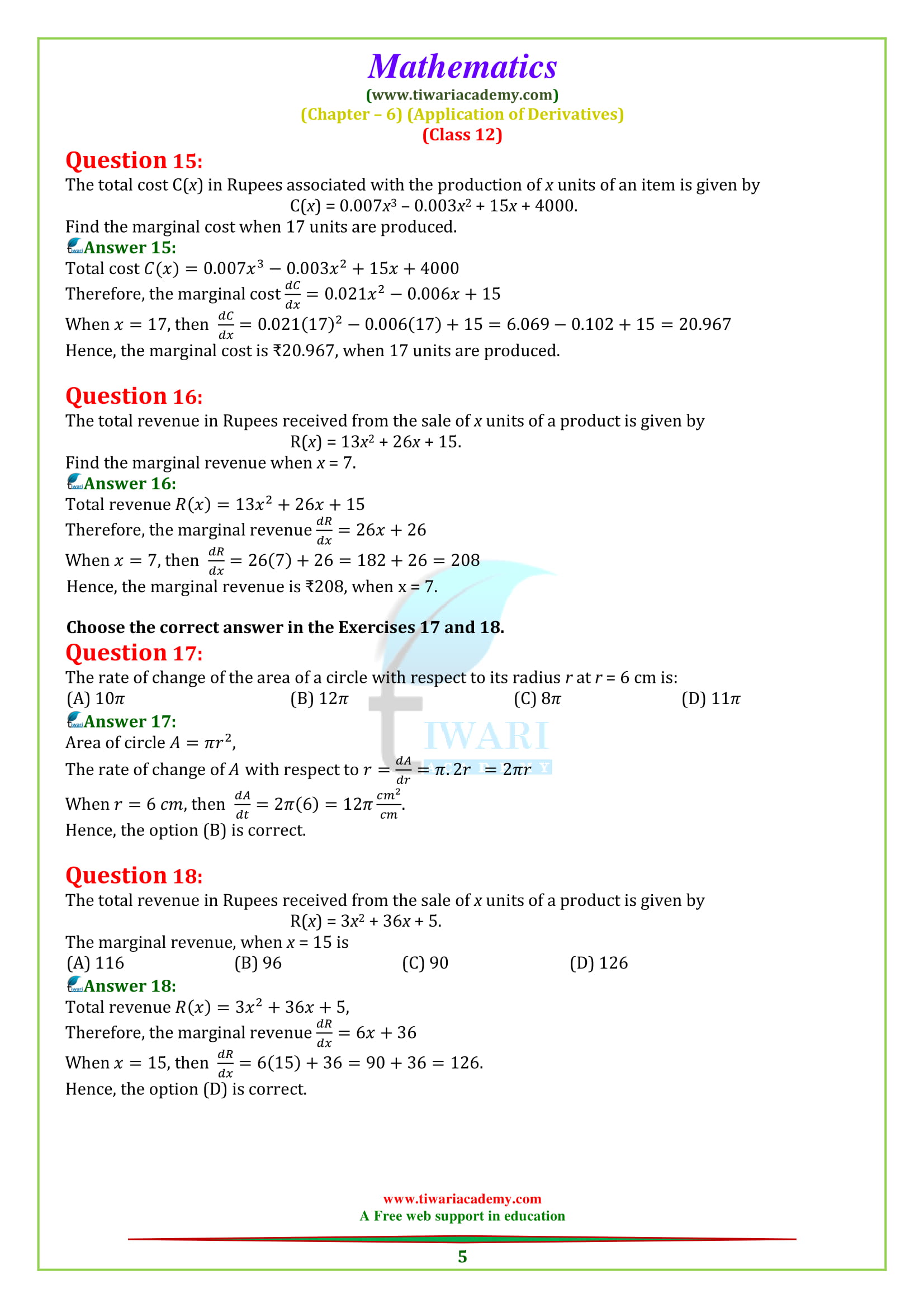 NCERT Solutions for Class 12 Maths Chapter 6 Exercise 6.1 AOD in PDF