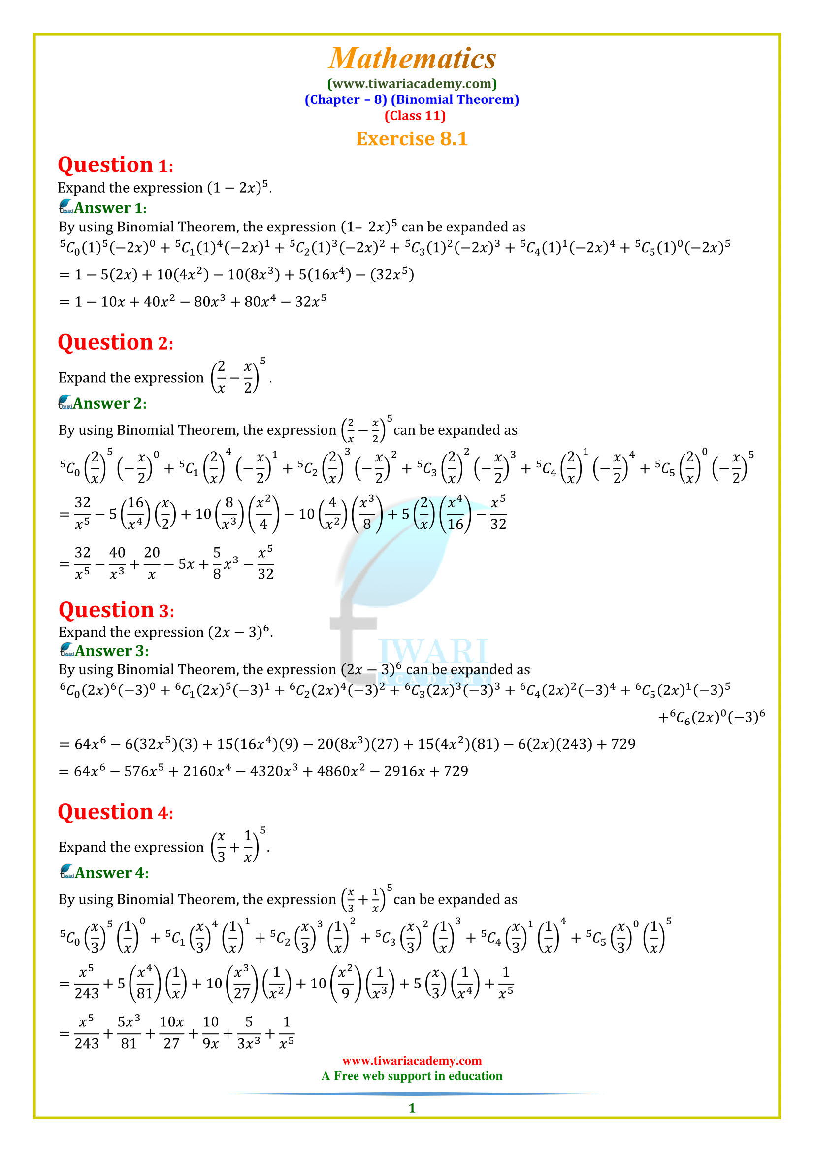 NCERT Solutions for Class 11 Maths Chapter 8 Binomial Theorem in PDF