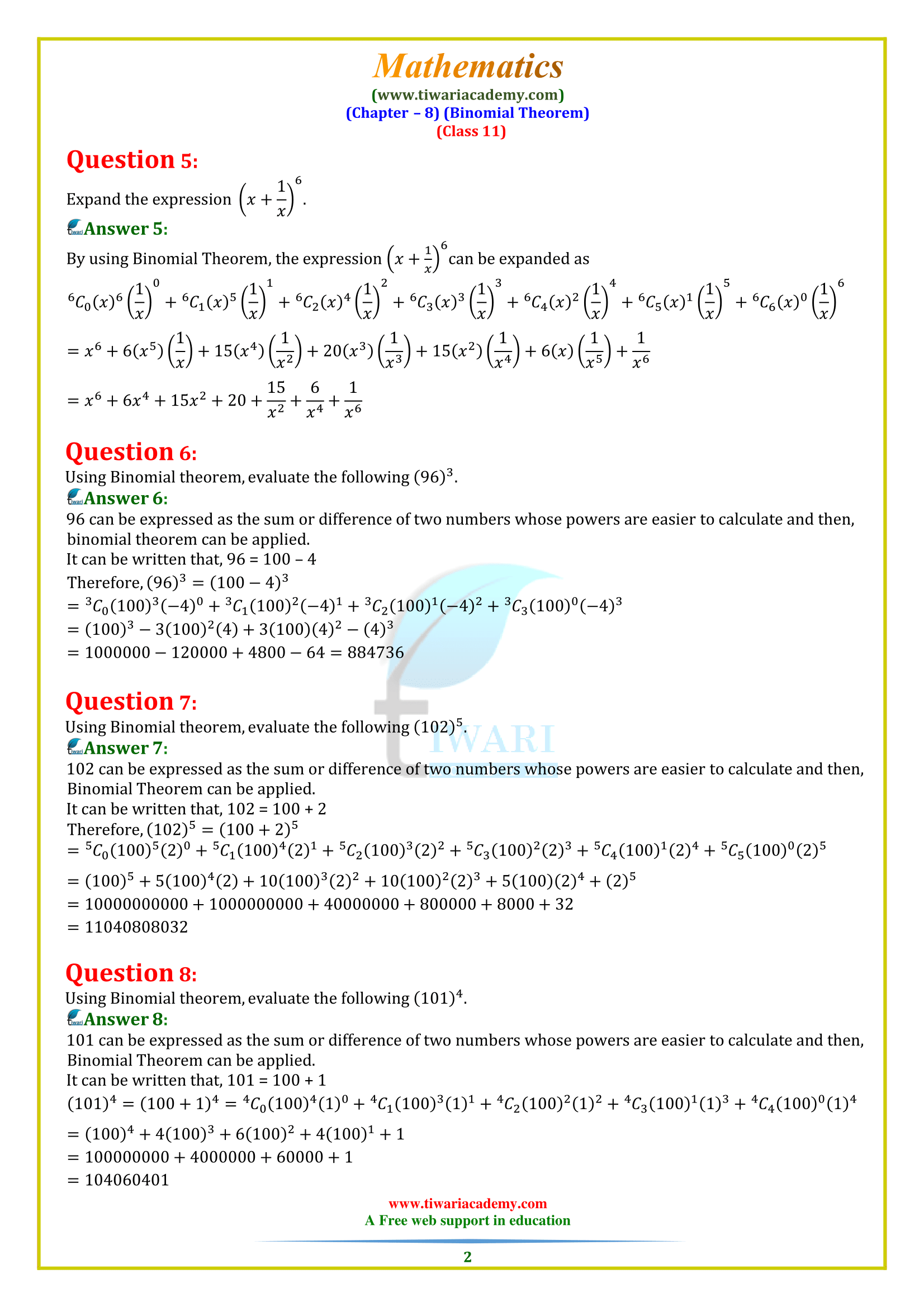 NCERT Solutions for Class 11 Maths Chapter 8 Binomial Theorem in PDF