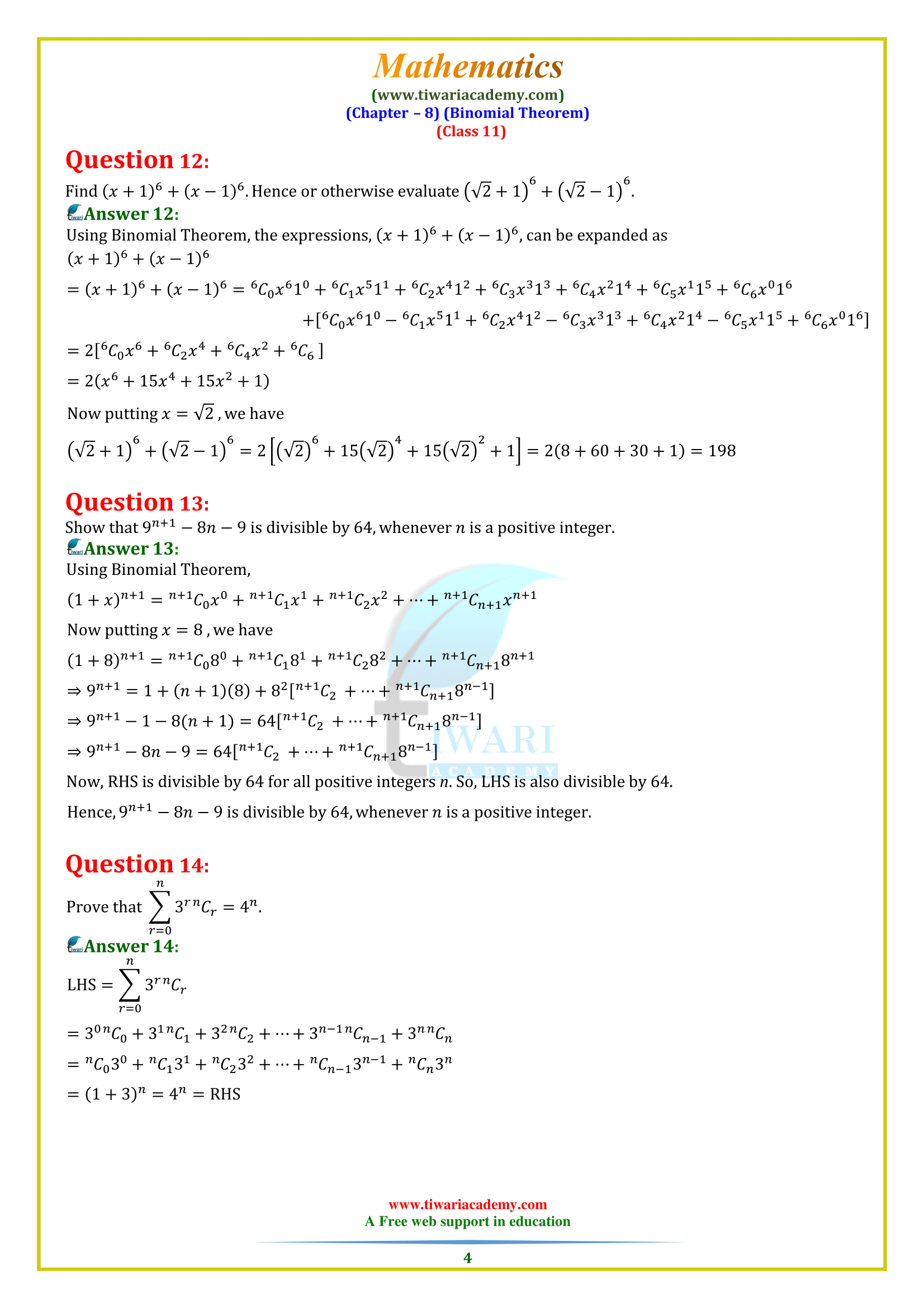 NCERT Solutions for Class 11 Maths Chapter 8 Binomial Theorem in PDF