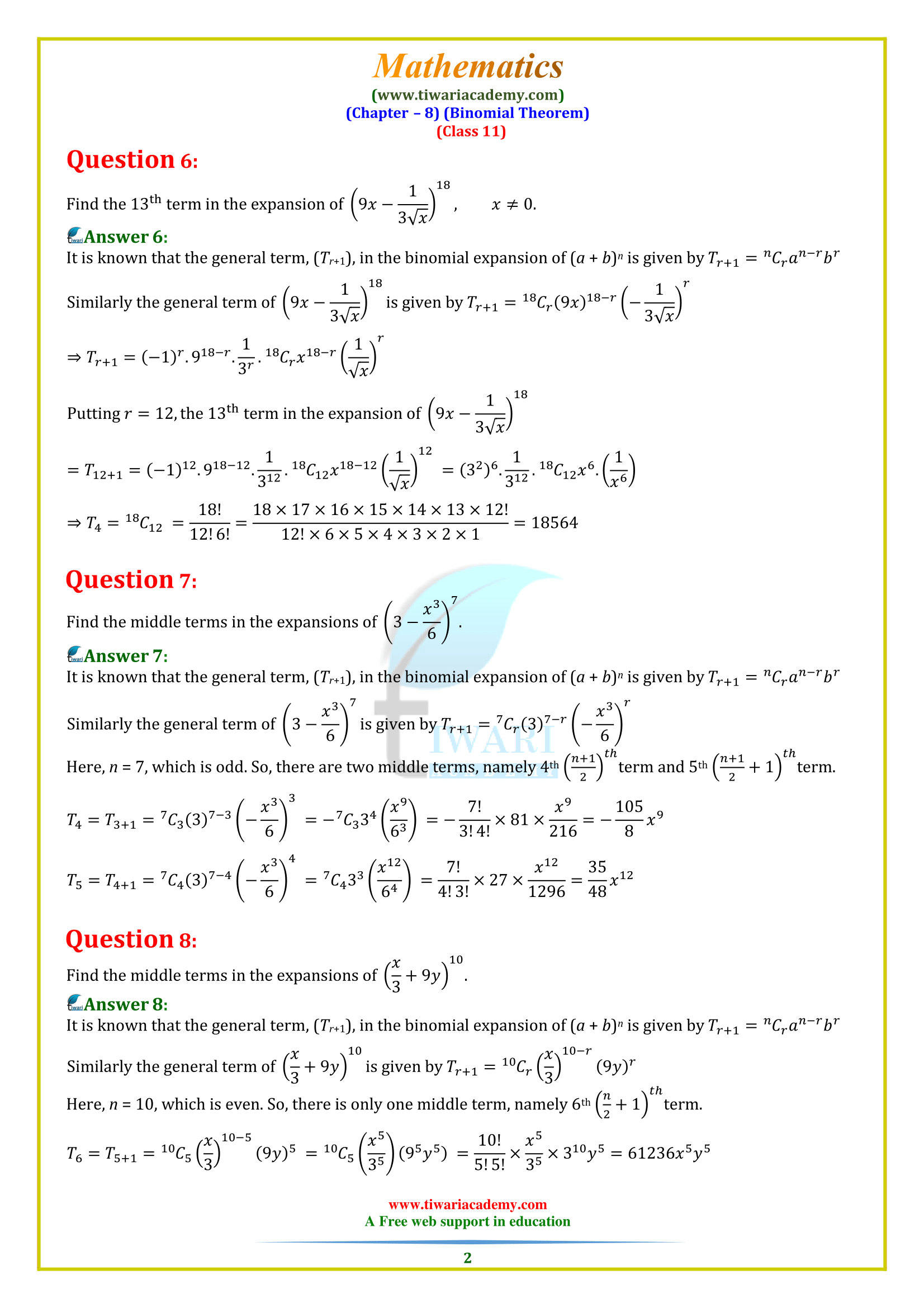 NCERT Solutions for Class 11 Maths Chapter 8 Binomial Theorem in PDF
