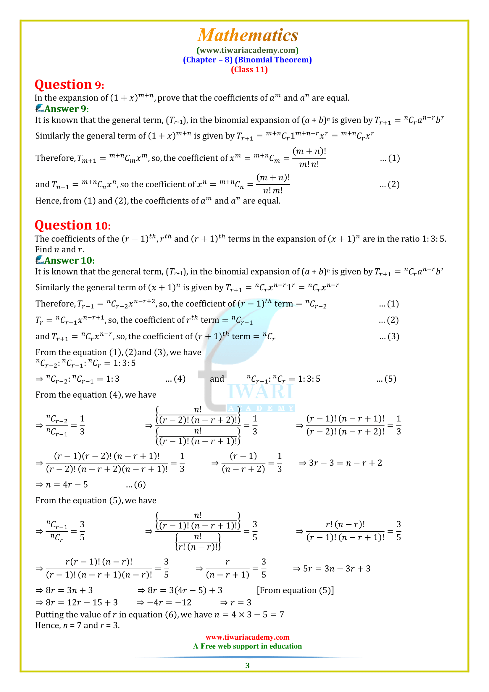 NCERT Solutions for Class 11 Maths Chapter 8 Binomial Theorem in PDF