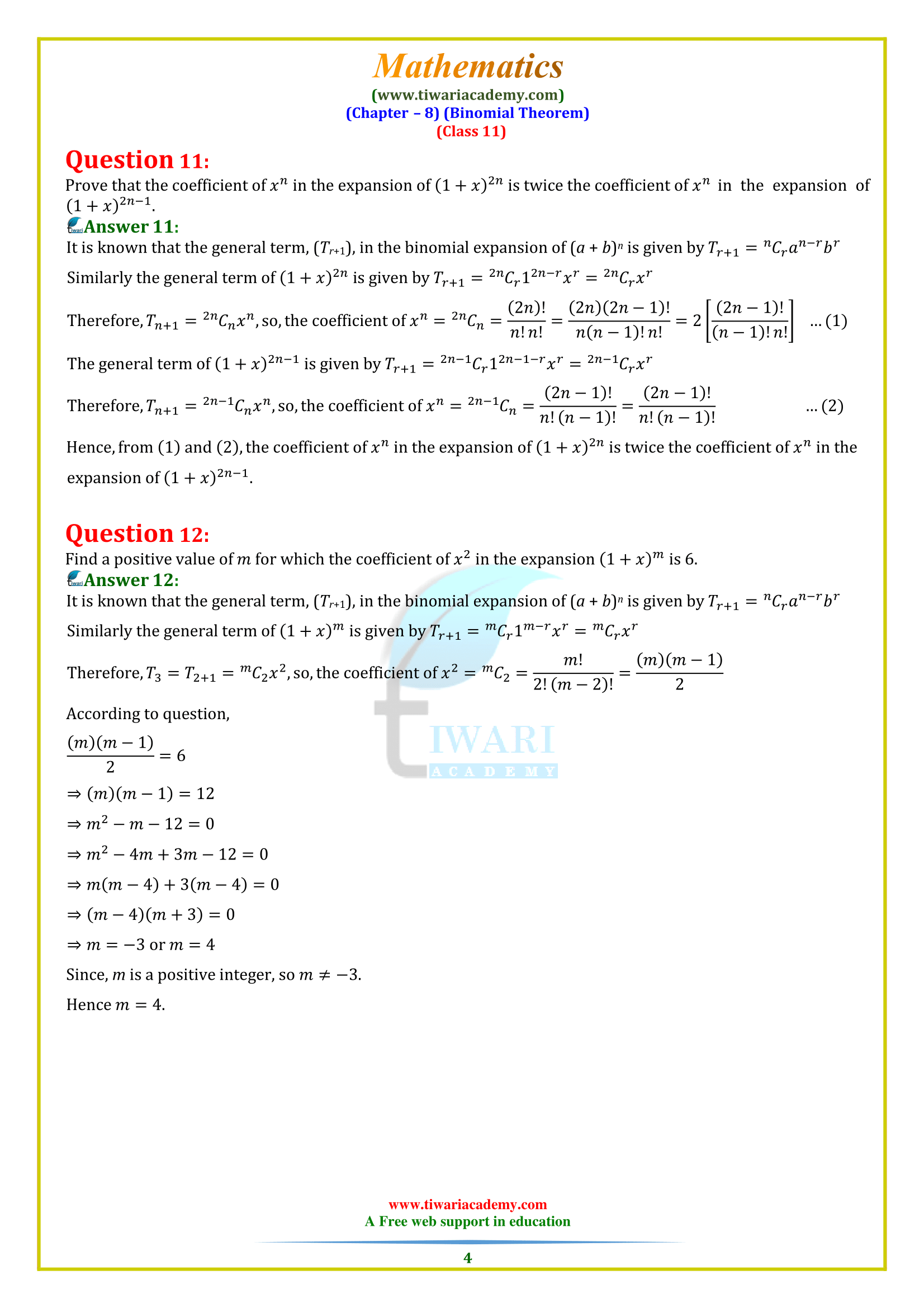 NCERT Solutions for Class 11 Maths Chapter 8 Binomial Theorem in PDF