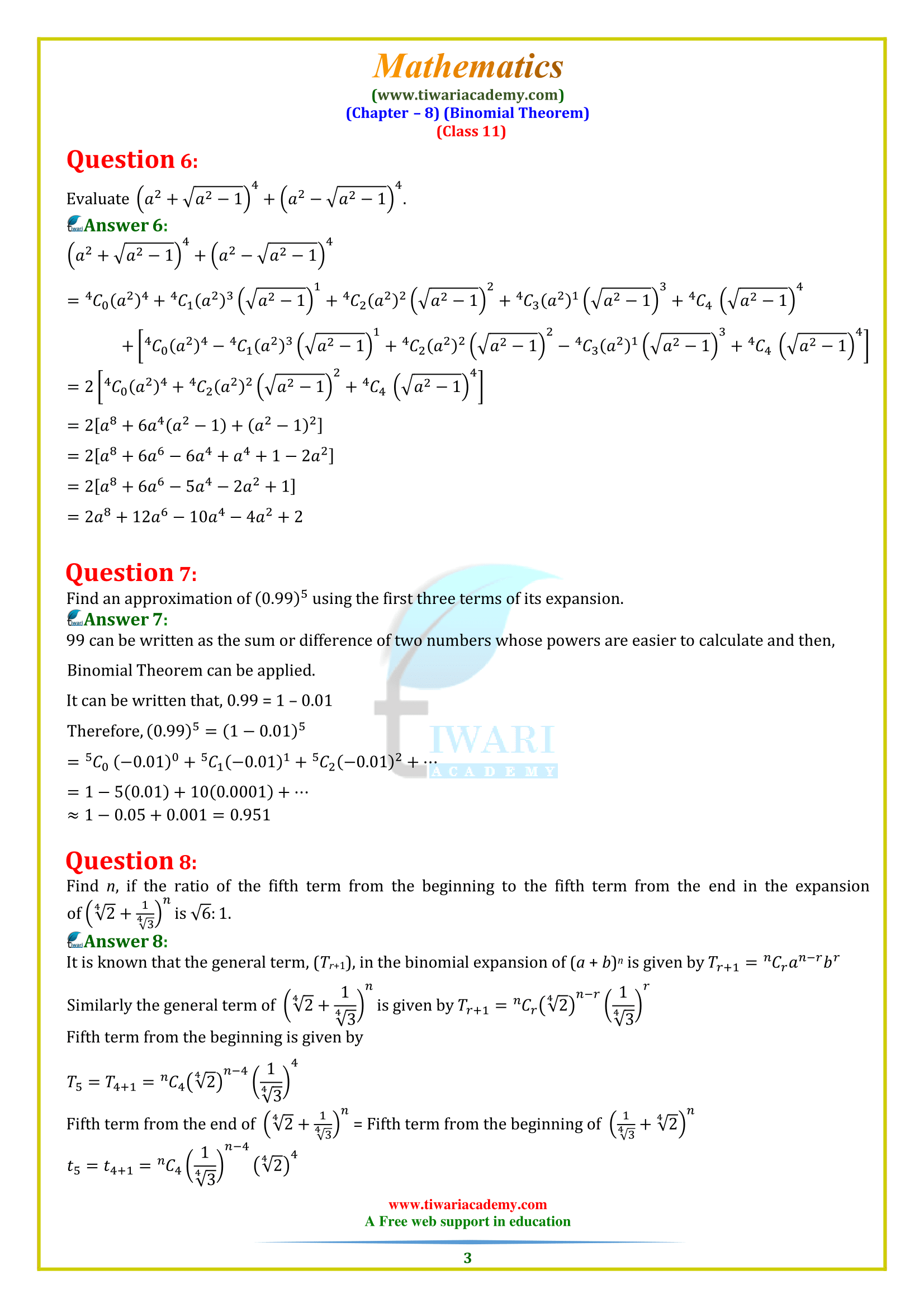 NCERT Solutions for Class 11 Maths Chapter 8 Binomial Theorem in PDF