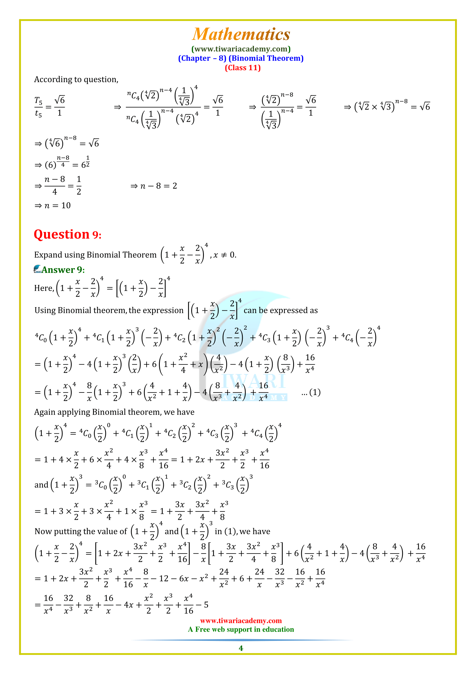 NCERT Solutions for Class 11 Maths Chapter 8 Binomial Theorem in PDF