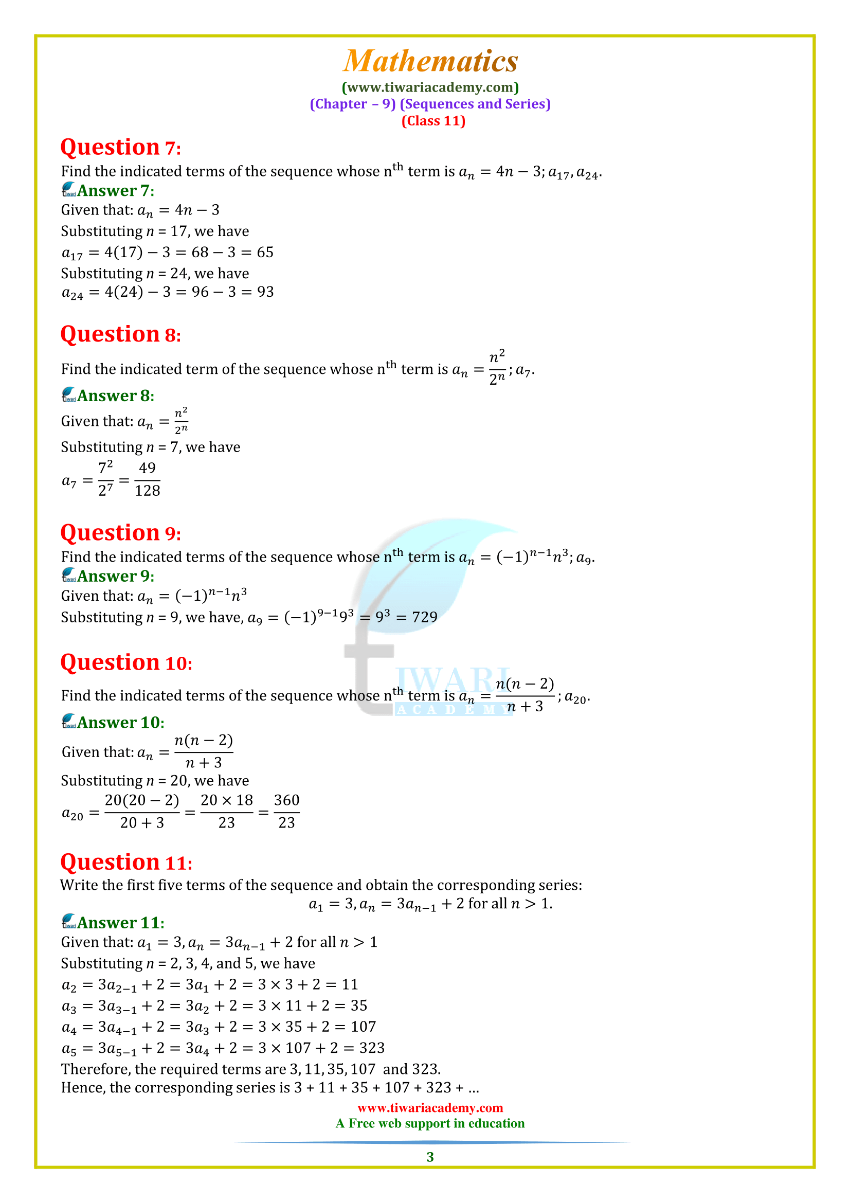 NCERT Solutions for Class 11 Maths Chapter 9 Sequences and Series