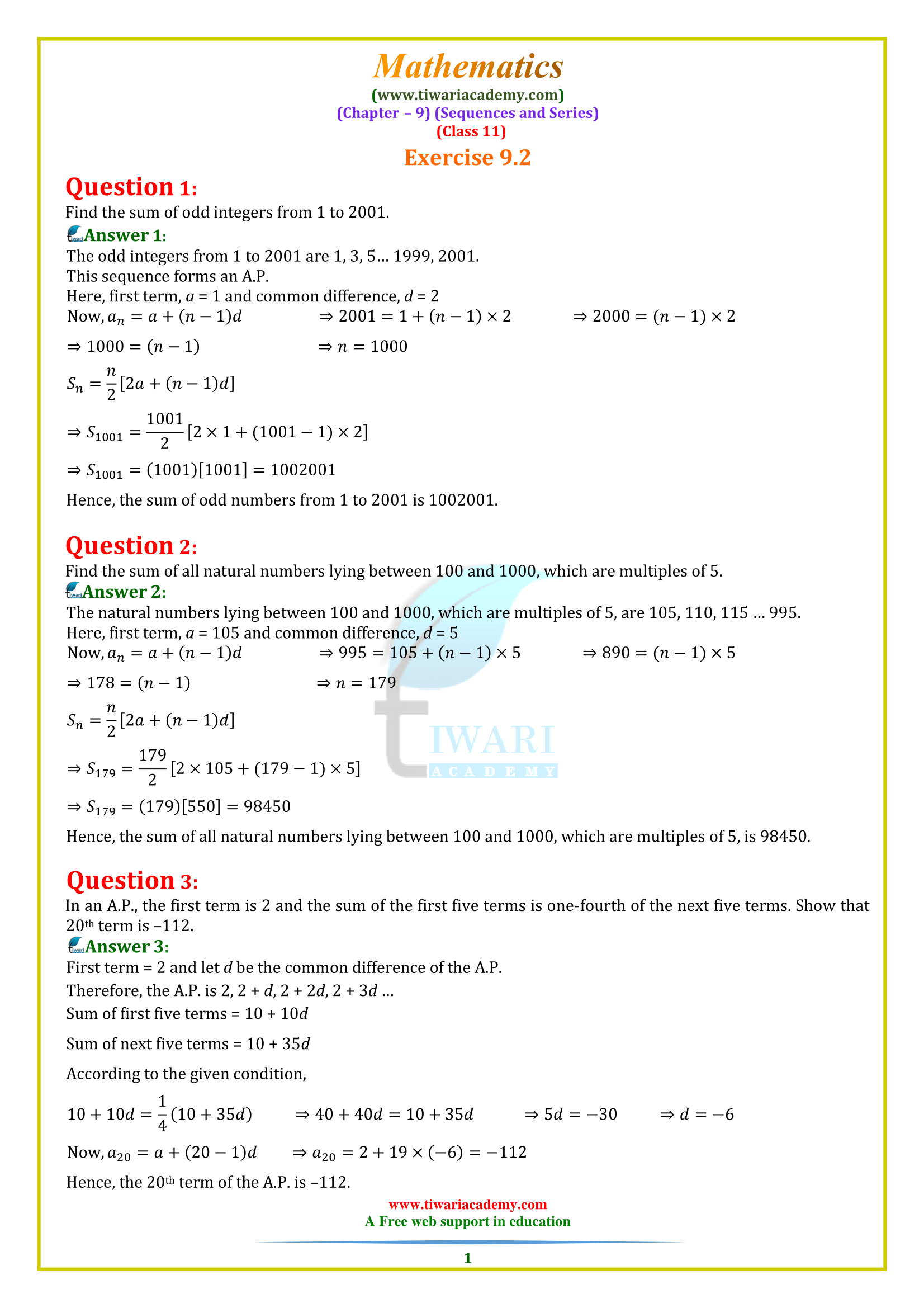 NCERT Solutions for Class 11 Maths Chapter 9 Sequences and Series