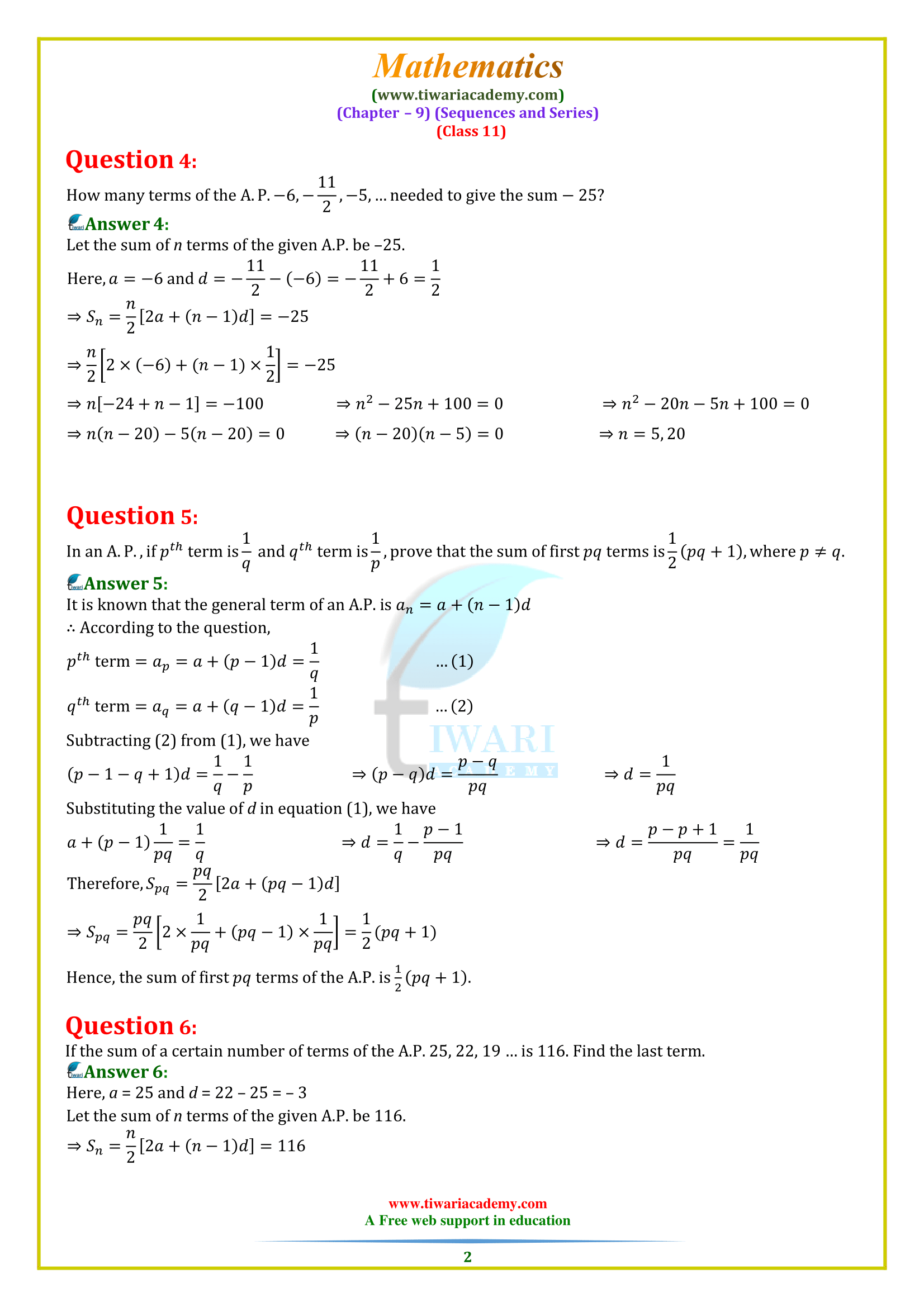 NCERT Solutions for Class 11 Maths Chapter 9 Sequences and Series