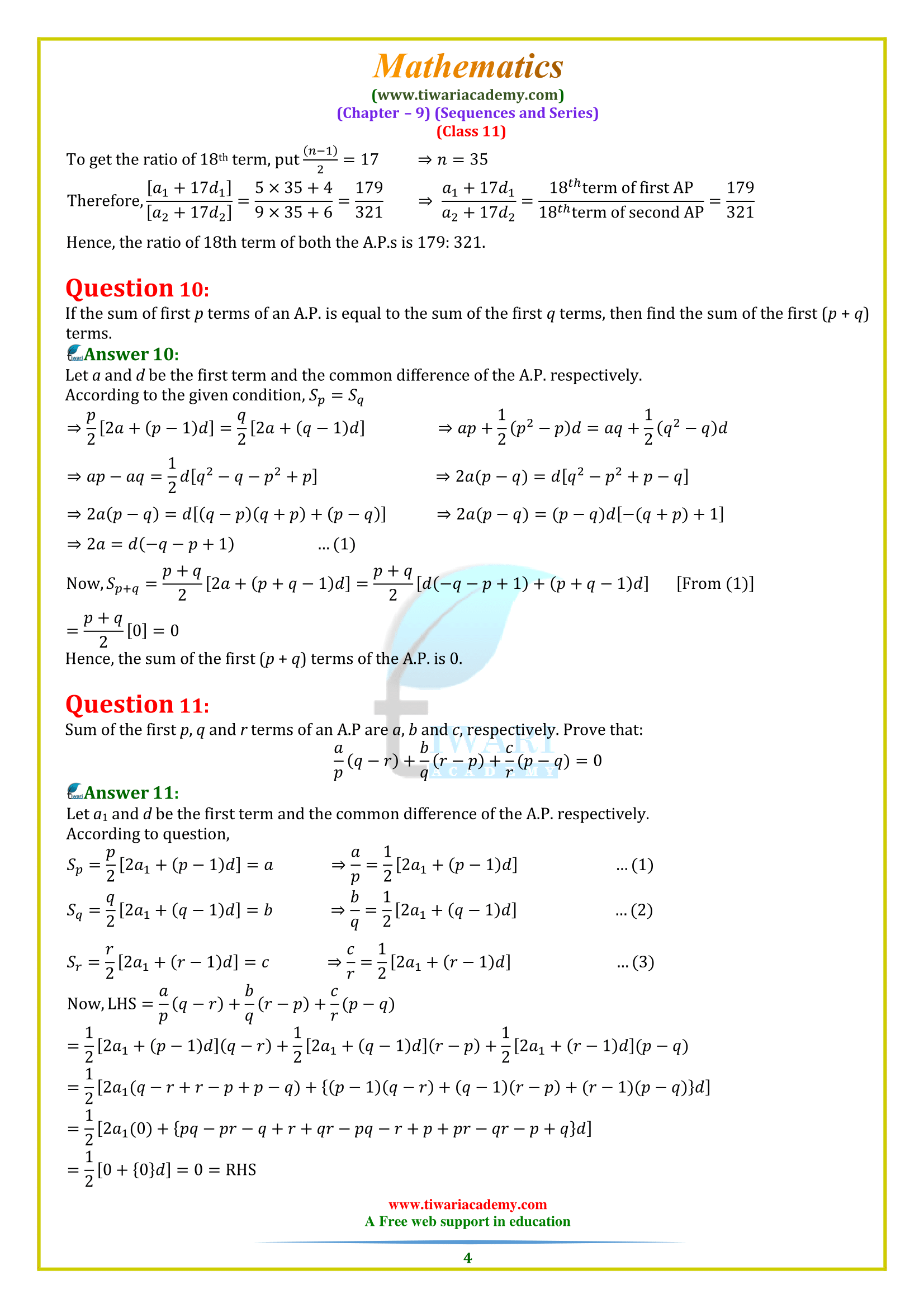 NCERT Solutions for Class 11 Maths Chapter 9 Sequences and Series