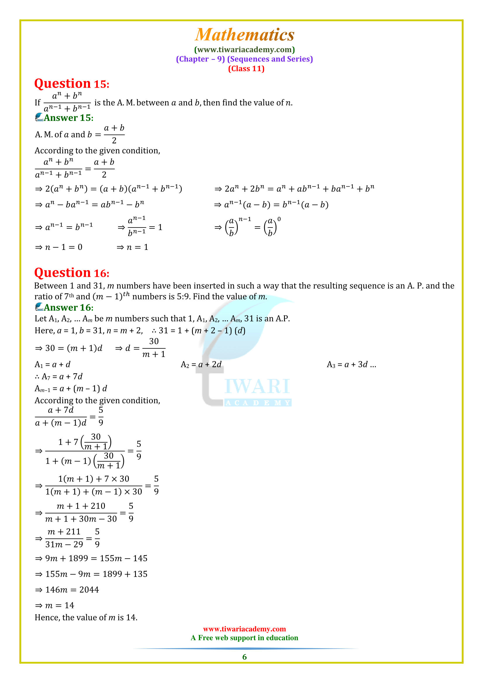 NCERT Solutions for Class 11 Maths Chapter 9 Sequences and Series