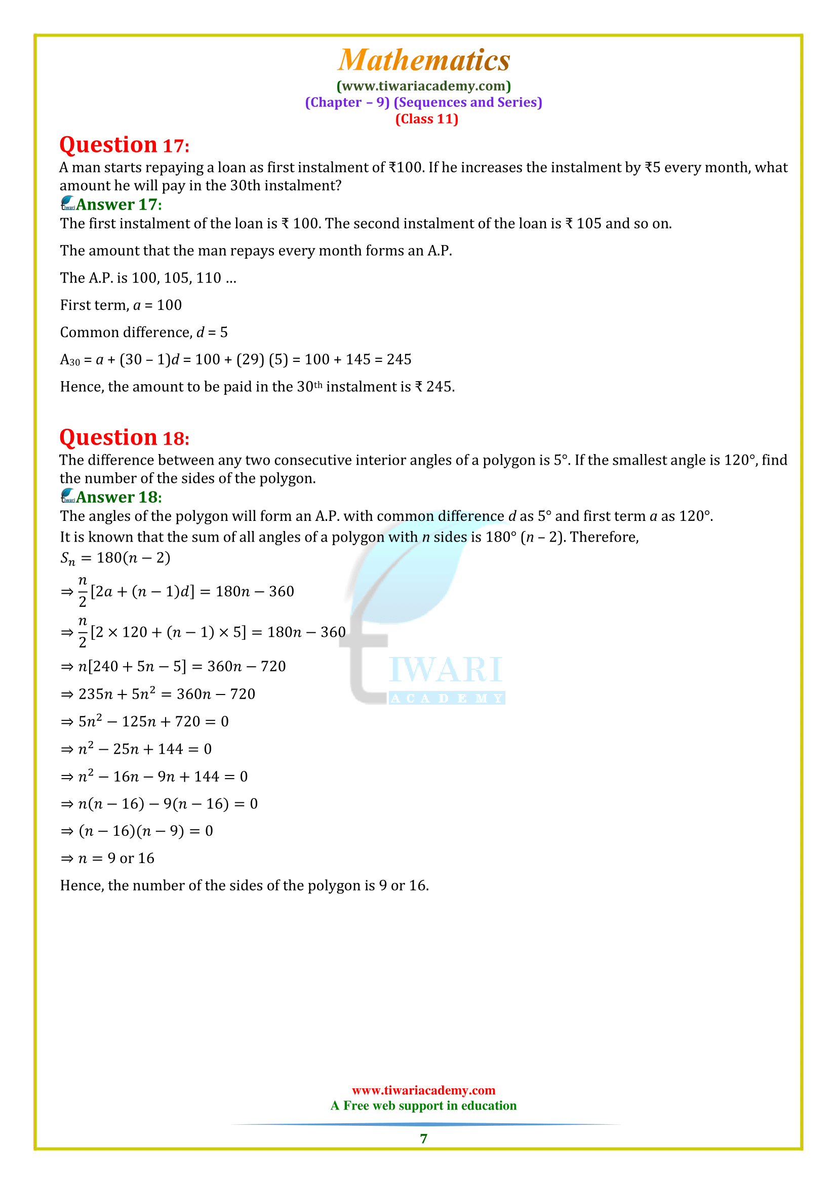 NCERT Solutions for Class 11 Maths Chapter 9 Sequences and Series
