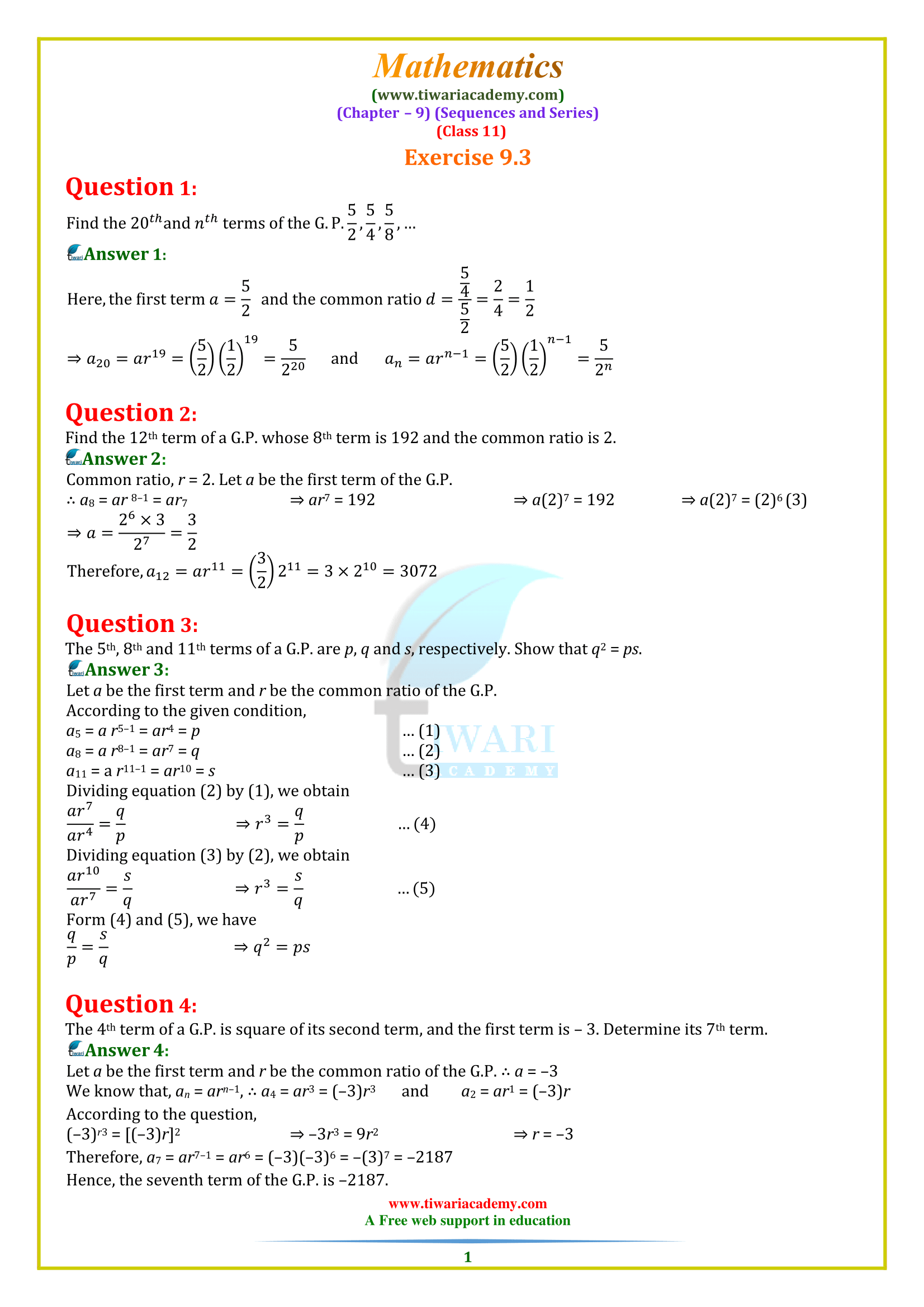 NCERT Solutions for Class 11 Maths Chapter 9 Sequences and Series