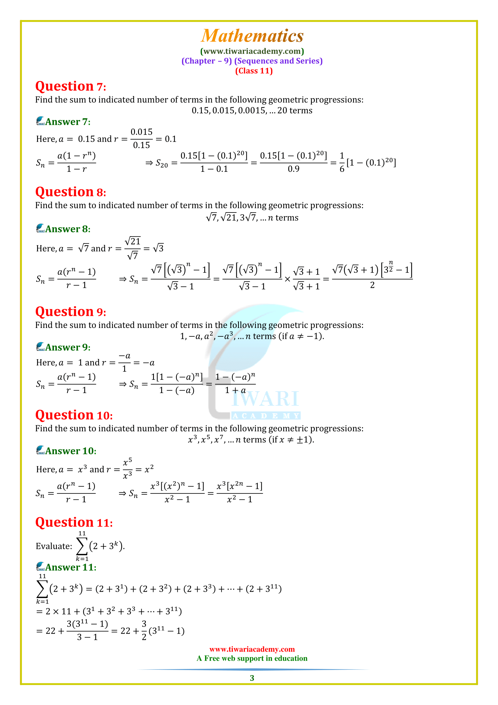 NCERT Solutions for Class 11 Maths Chapter 9 Sequences and Series
