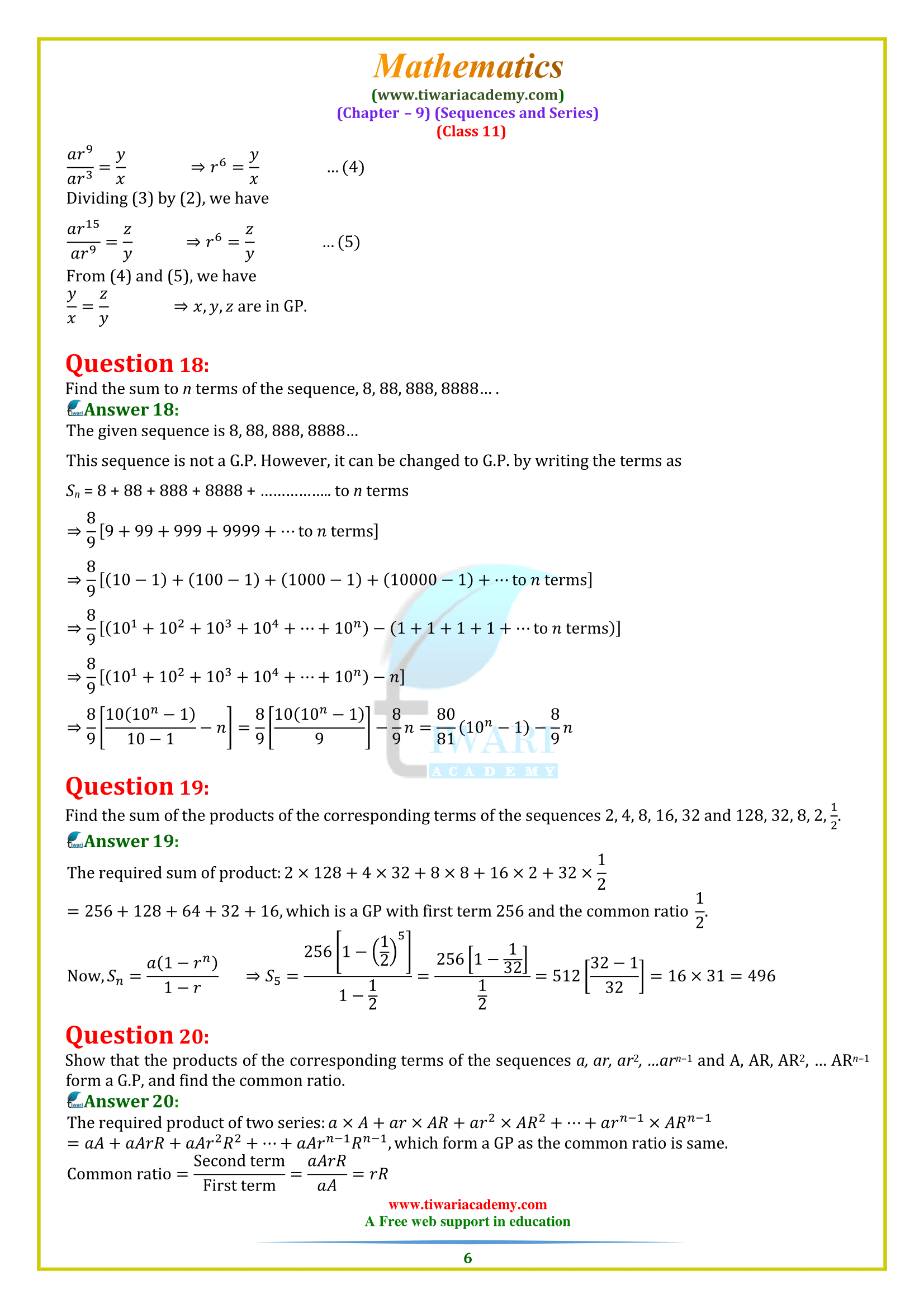 NCERT Solutions for Class 11 Maths Chapter 9 Sequences and Series