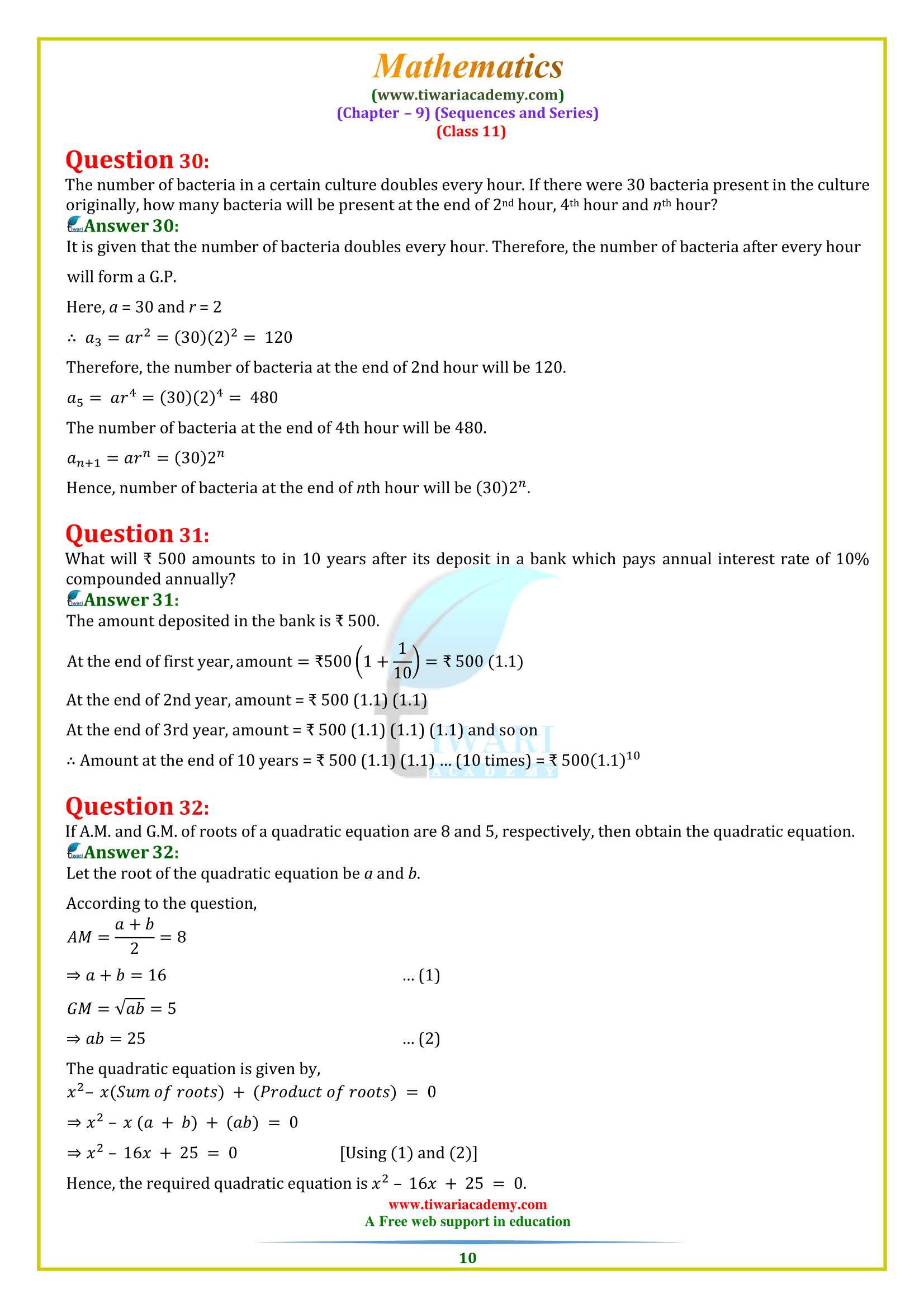 NCERT Solutions for Class 11 Maths Chapter 9 Sequences and Series