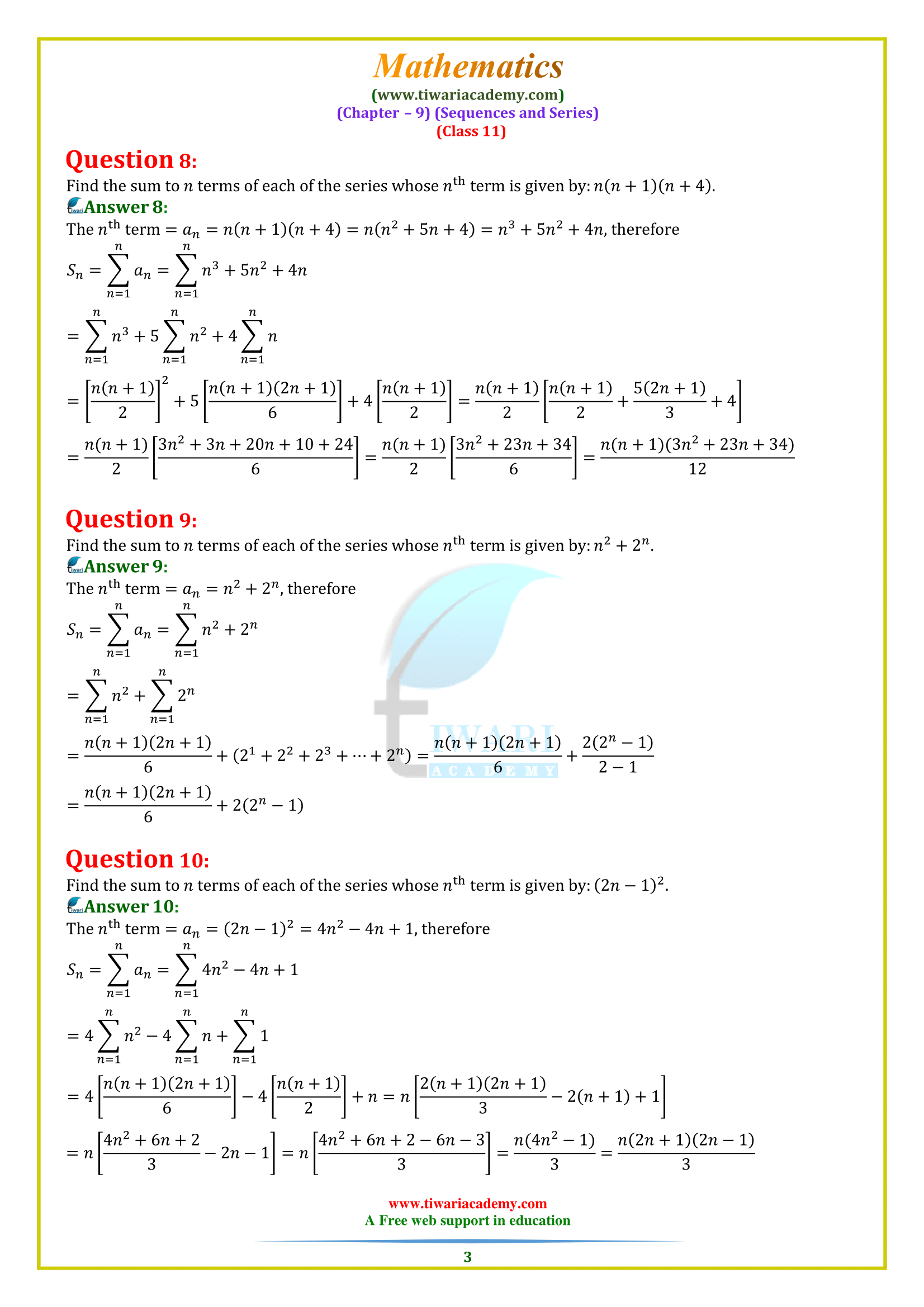 NCERT Solutions for Class 11 Maths Chapter 9 Sequences and Series