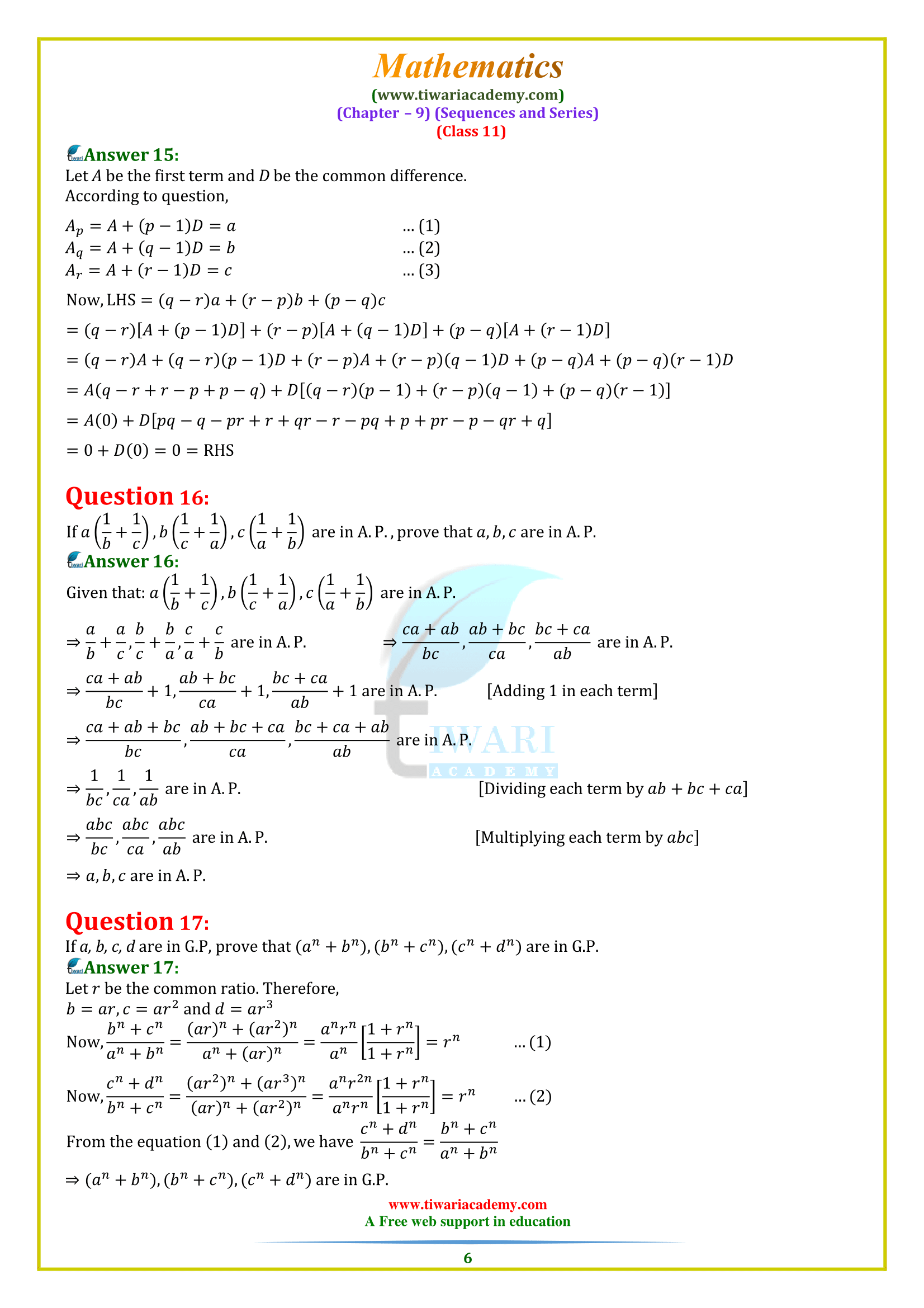 NCERT Solutions for Class 11 Maths Chapter 9 Sequences and Series