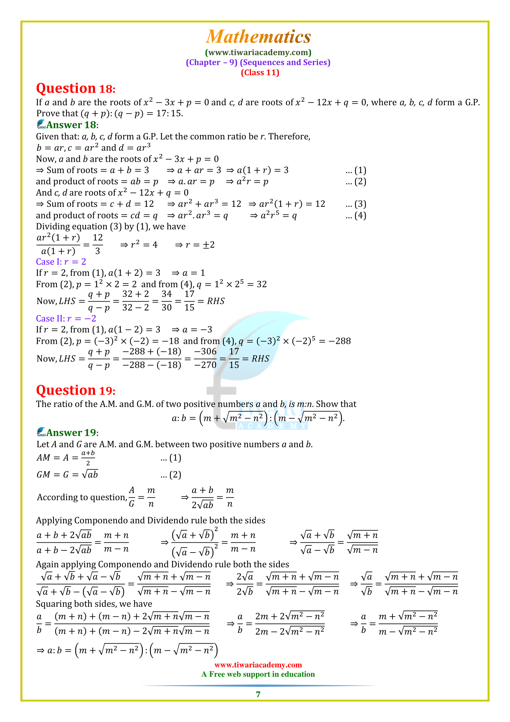 NCERT Solutions for Class 11 Maths Chapter 9 Sequences and Series