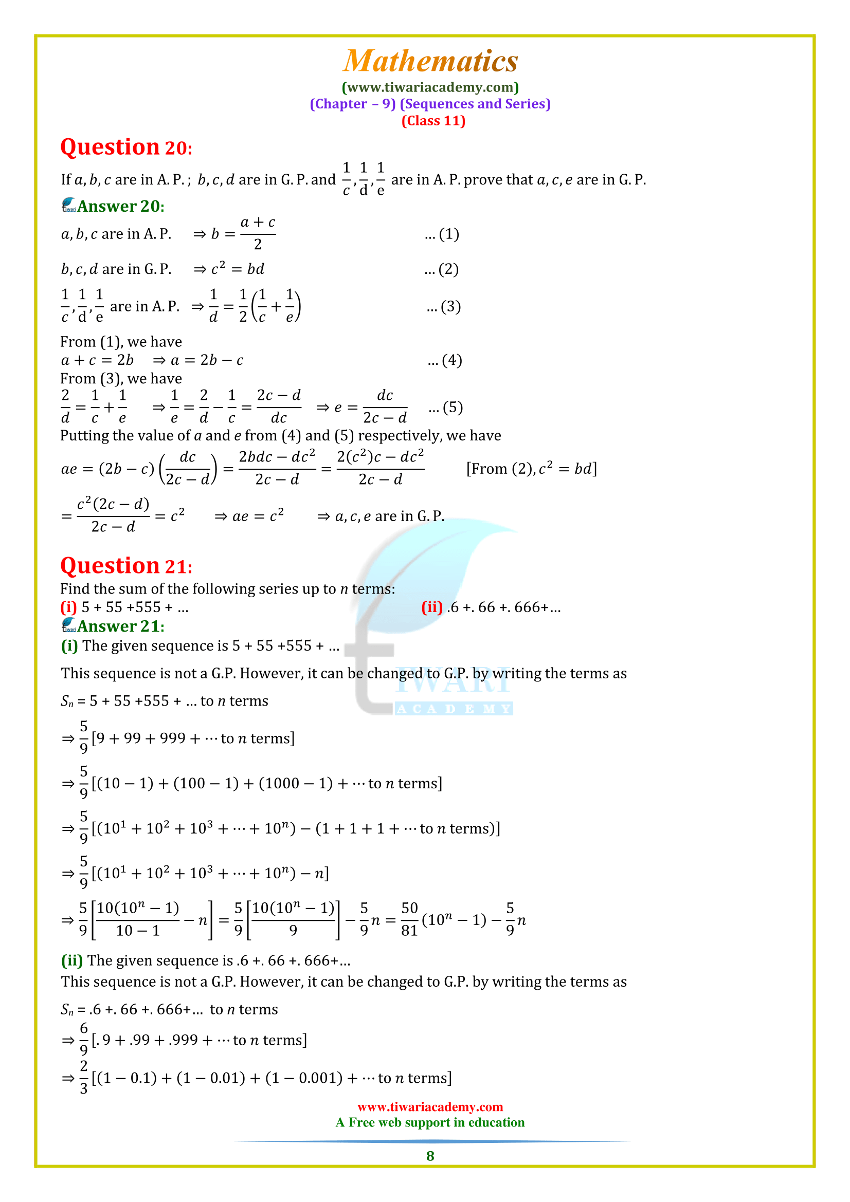 NCERT Solutions for Class 11 Maths Chapter 9 Sequences and Series