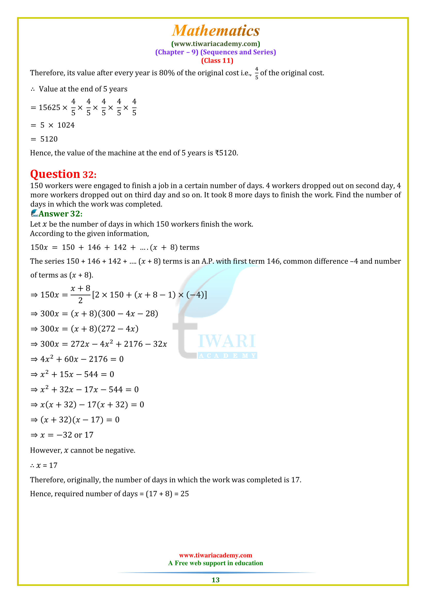 NCERT Solutions for Class 11 Maths Chapter 9 Sequences and Series