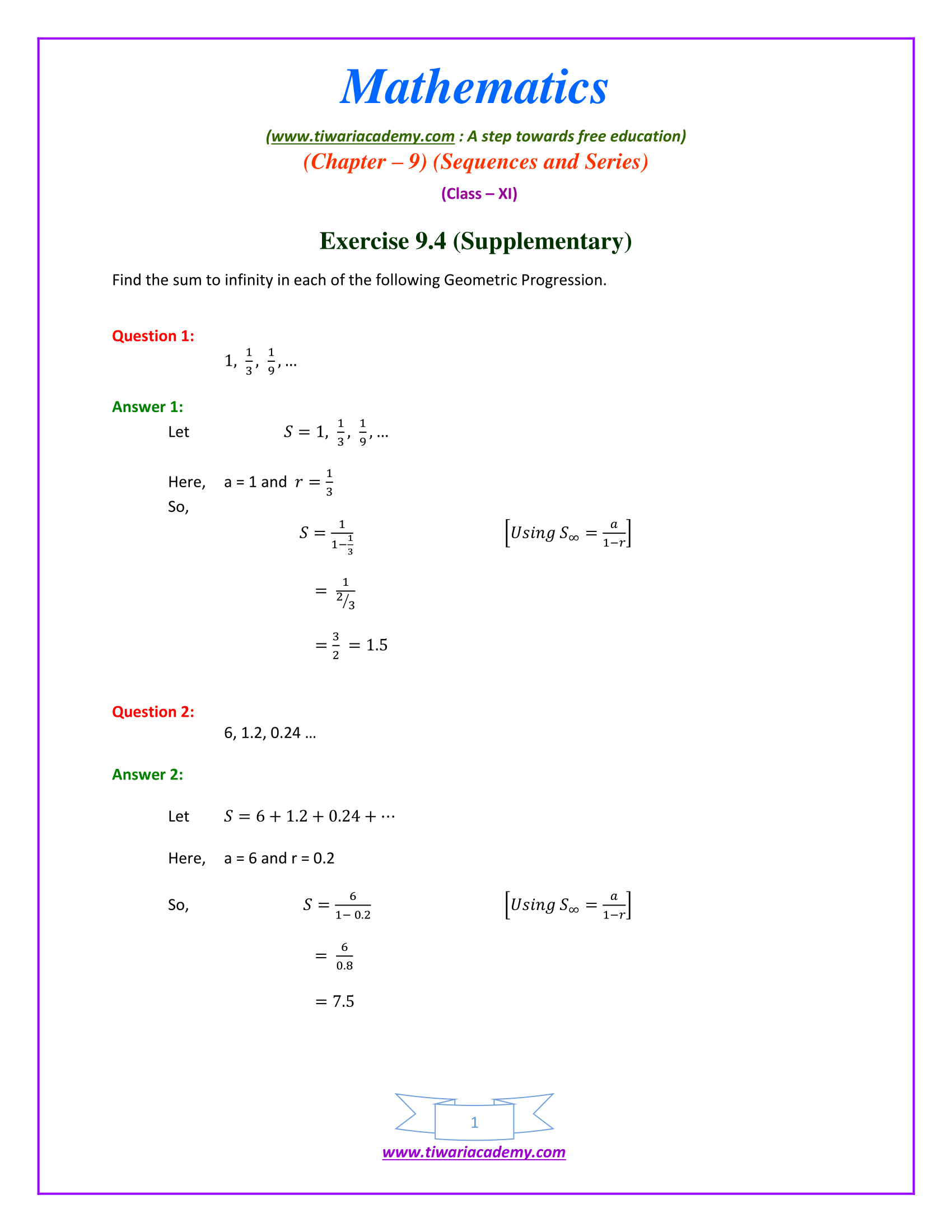 NCERT Solutions for Class 11 Maths Chapter 9 Sequences and Series