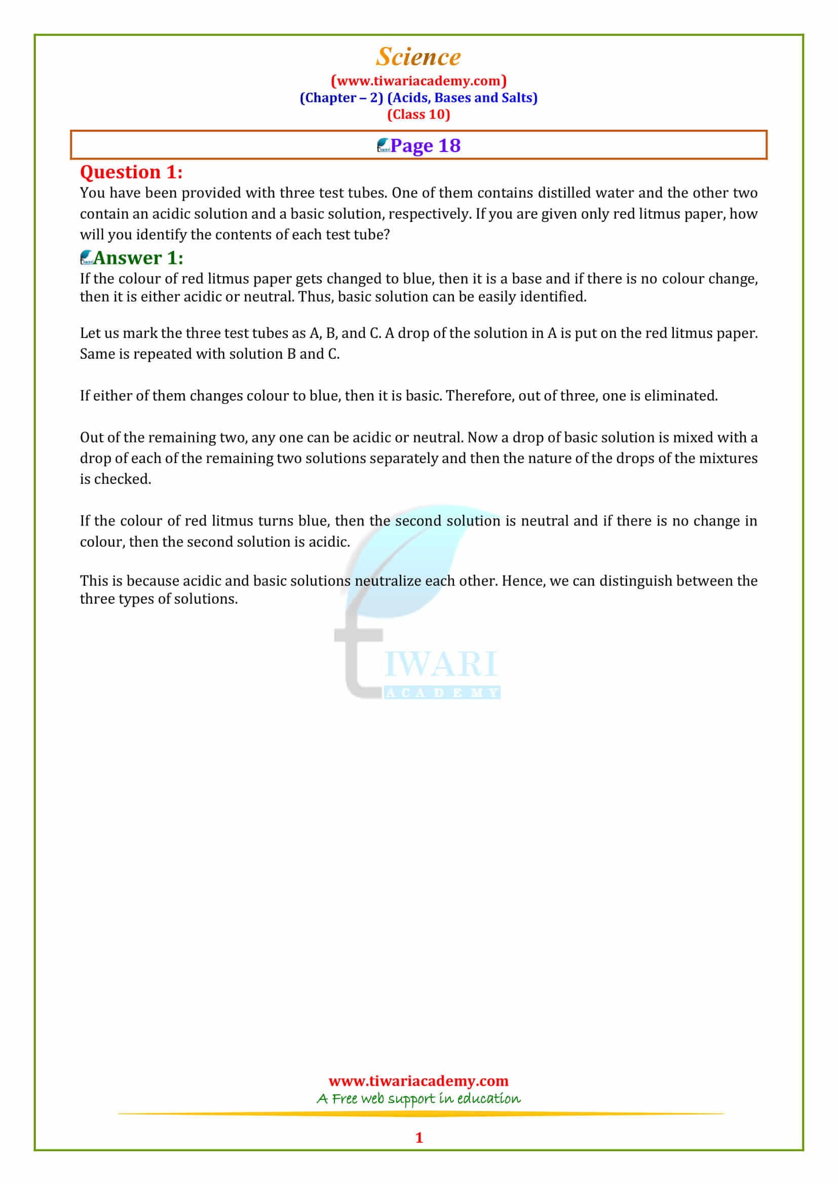 NCERT Solutions for Class 10 Science Chapter 2 Acids, Bases and Salts