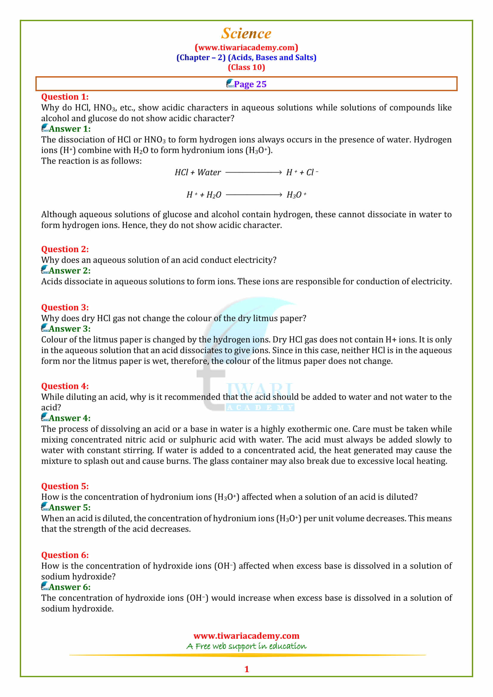 NCERT Solutions for Class 10 Science Chapter 2 Acids, Bases and Salts