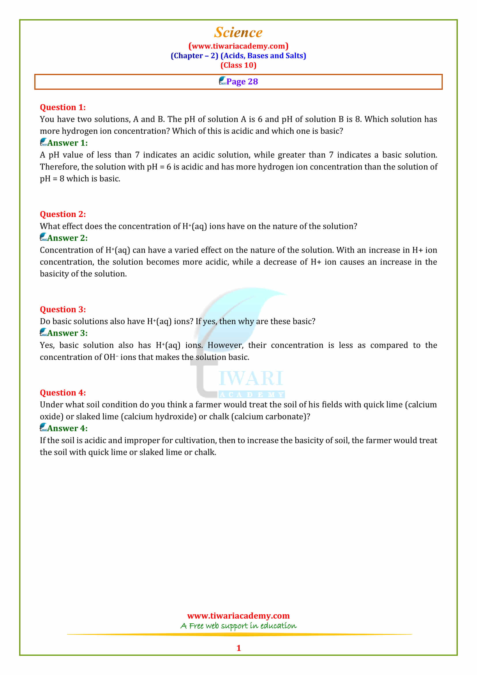 NCERT Solutions for Class 10 Science Chapter 2 Acids, Bases and Salts