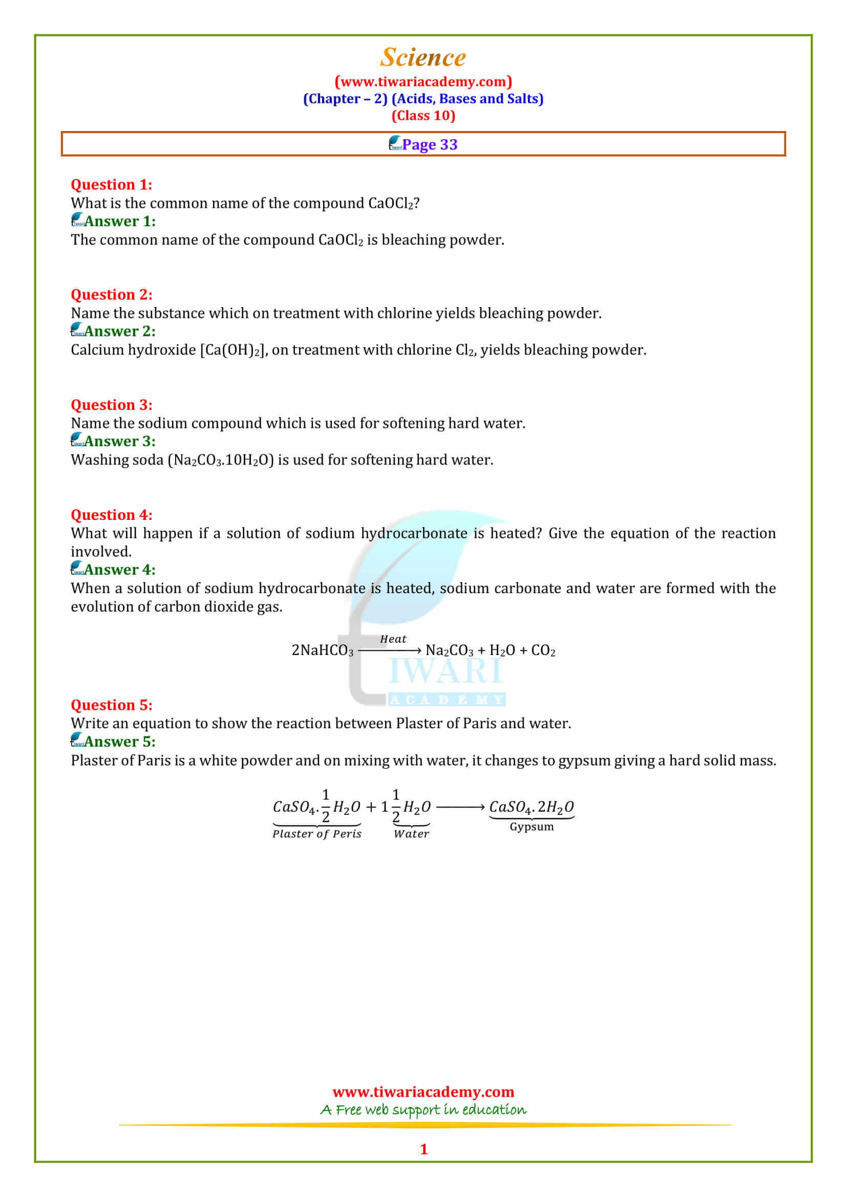 NCERT Solutions for Class 10 Science Chapter 2 Acids, Bases and Salts