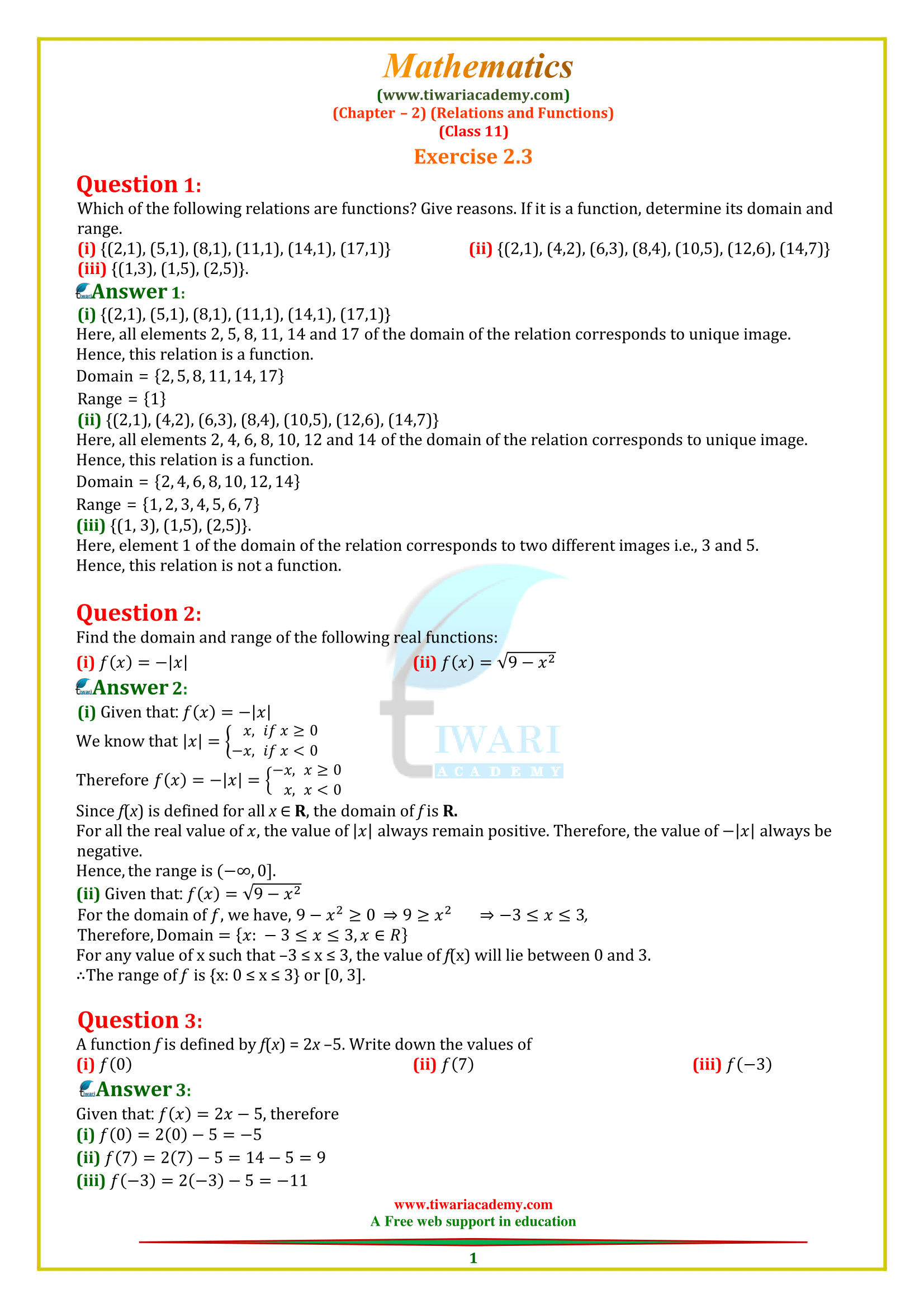 NCERT Solutions for Class 11 Maths Chapter 2 Relations & Functions