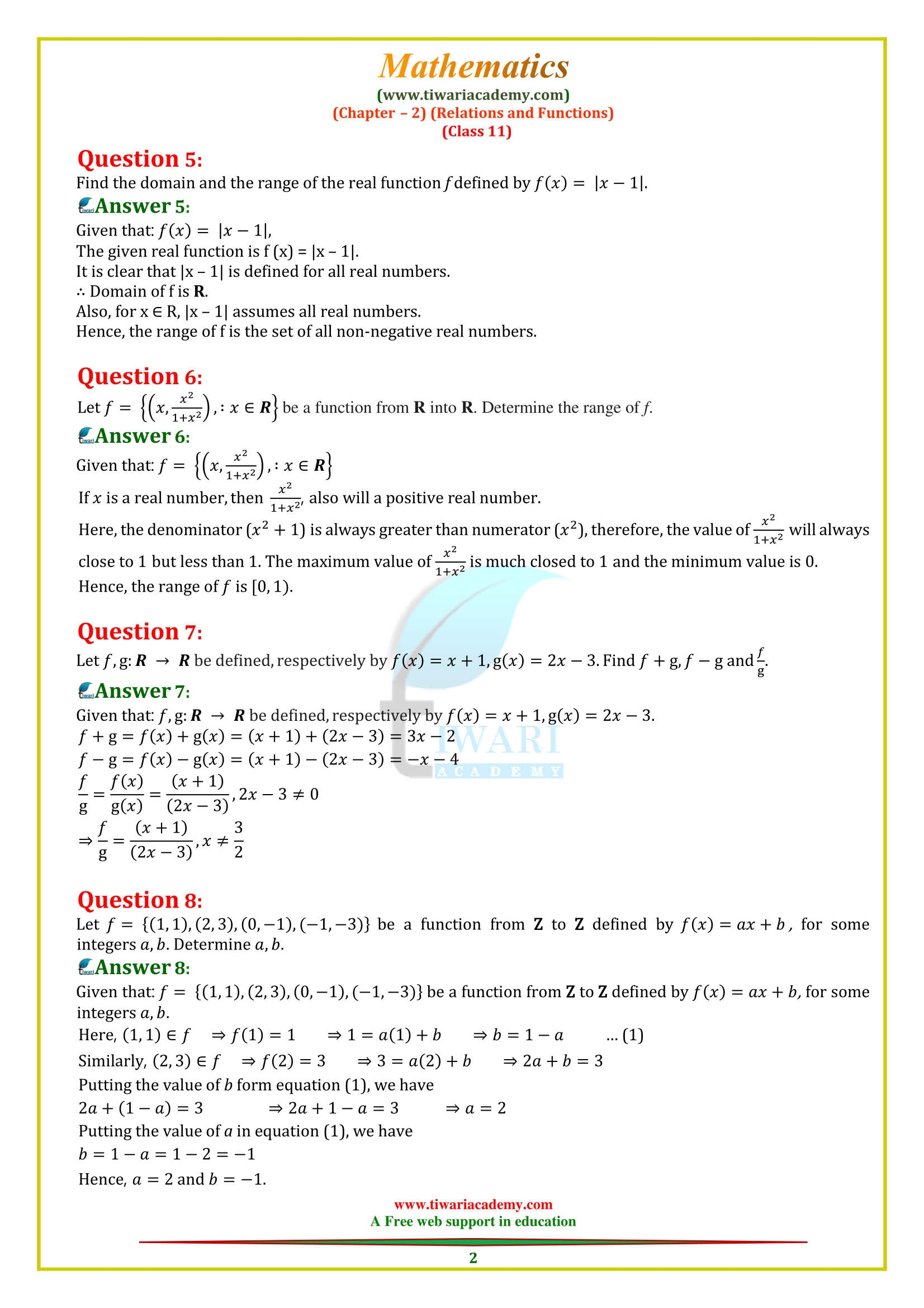 NCERT Solutions for Class 11 Maths Chapter 2 Relations & Functions