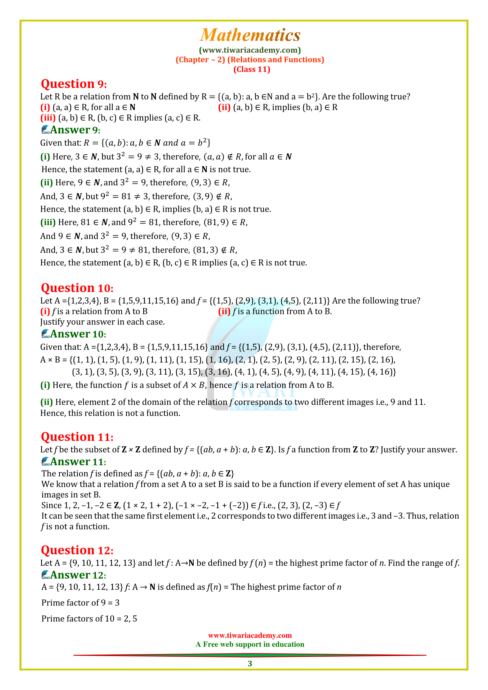 NCERT Solutions for Class 11 Maths Chapter 2 Relations & Functions