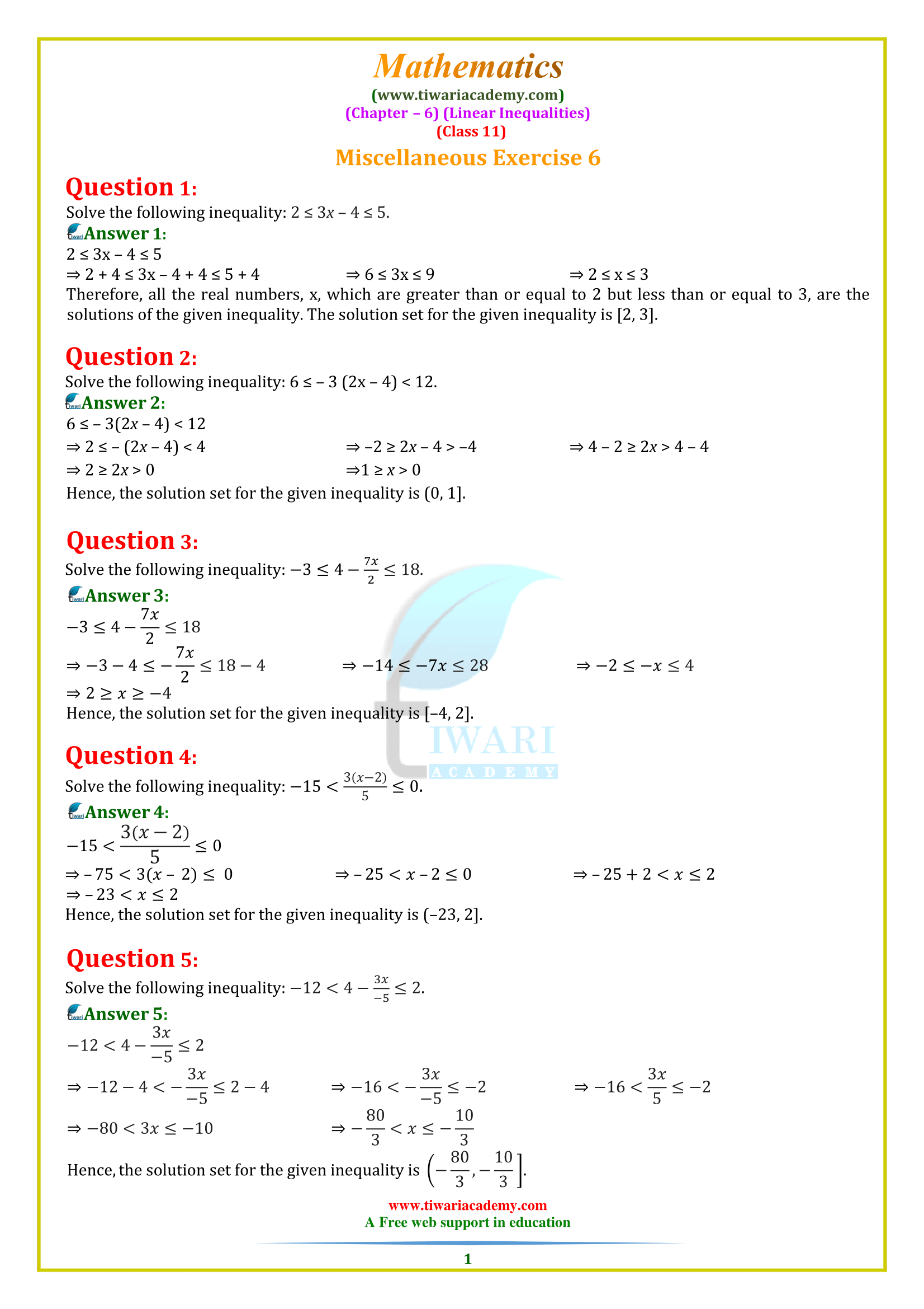 NCERT Solutions for Class 11 Maths Chapter 6 Linear Inequations
