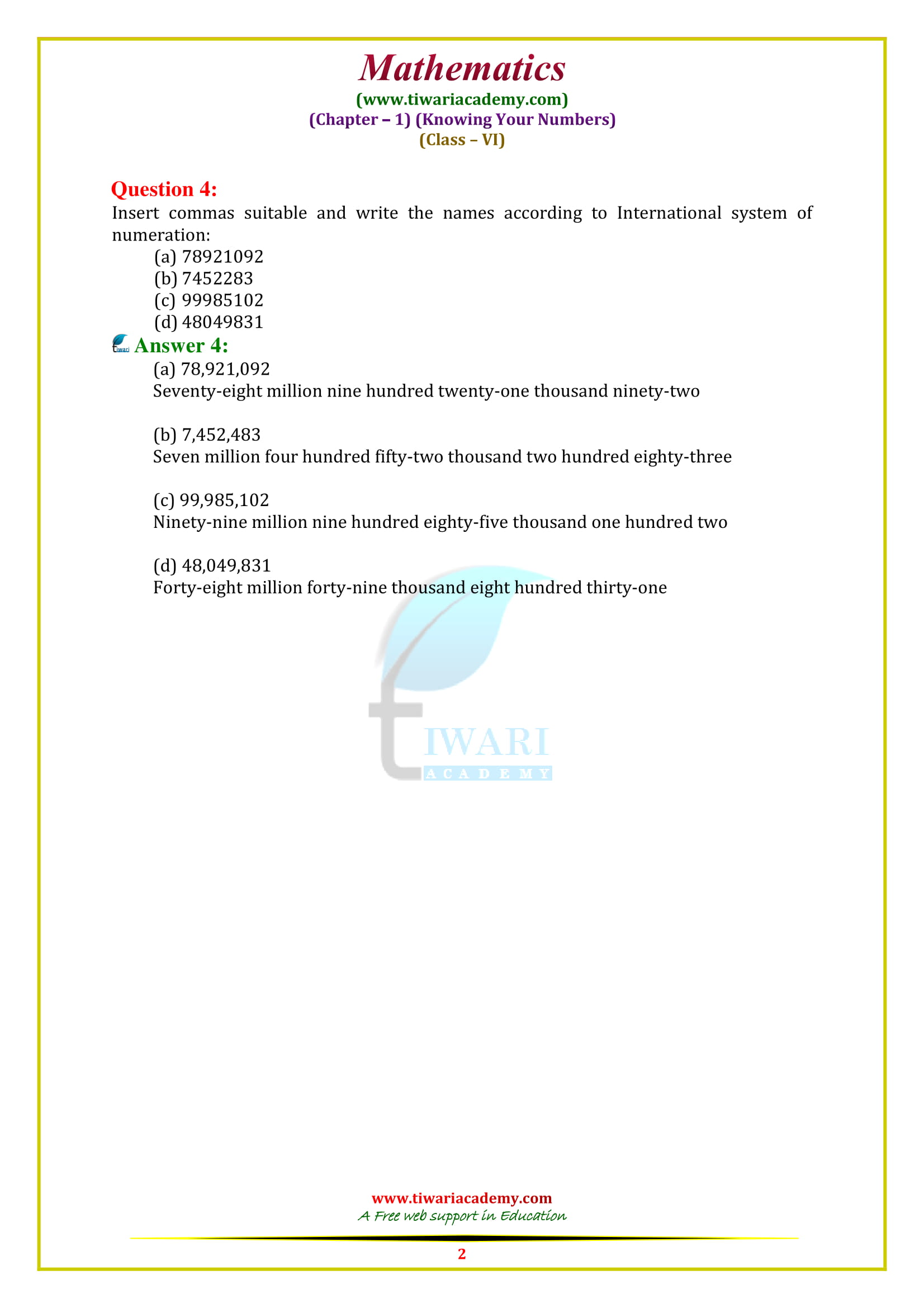 NCERT Solutions for Class 6 Maths Chapter 1 Knowing Our Numbers PDF