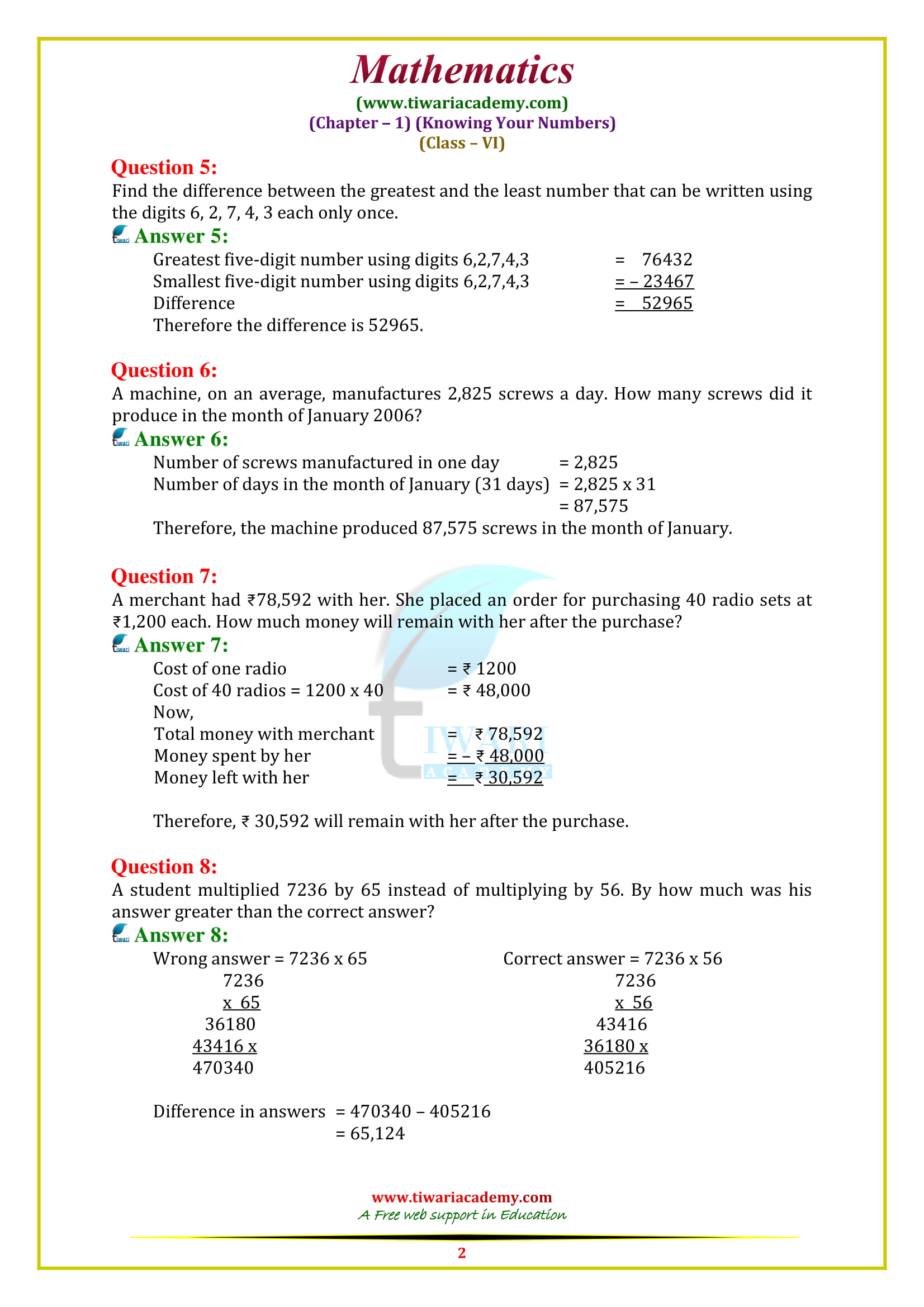 NCERT Solutions for Class 6 Maths Chapter 1 Knowing Our Numbers PDF