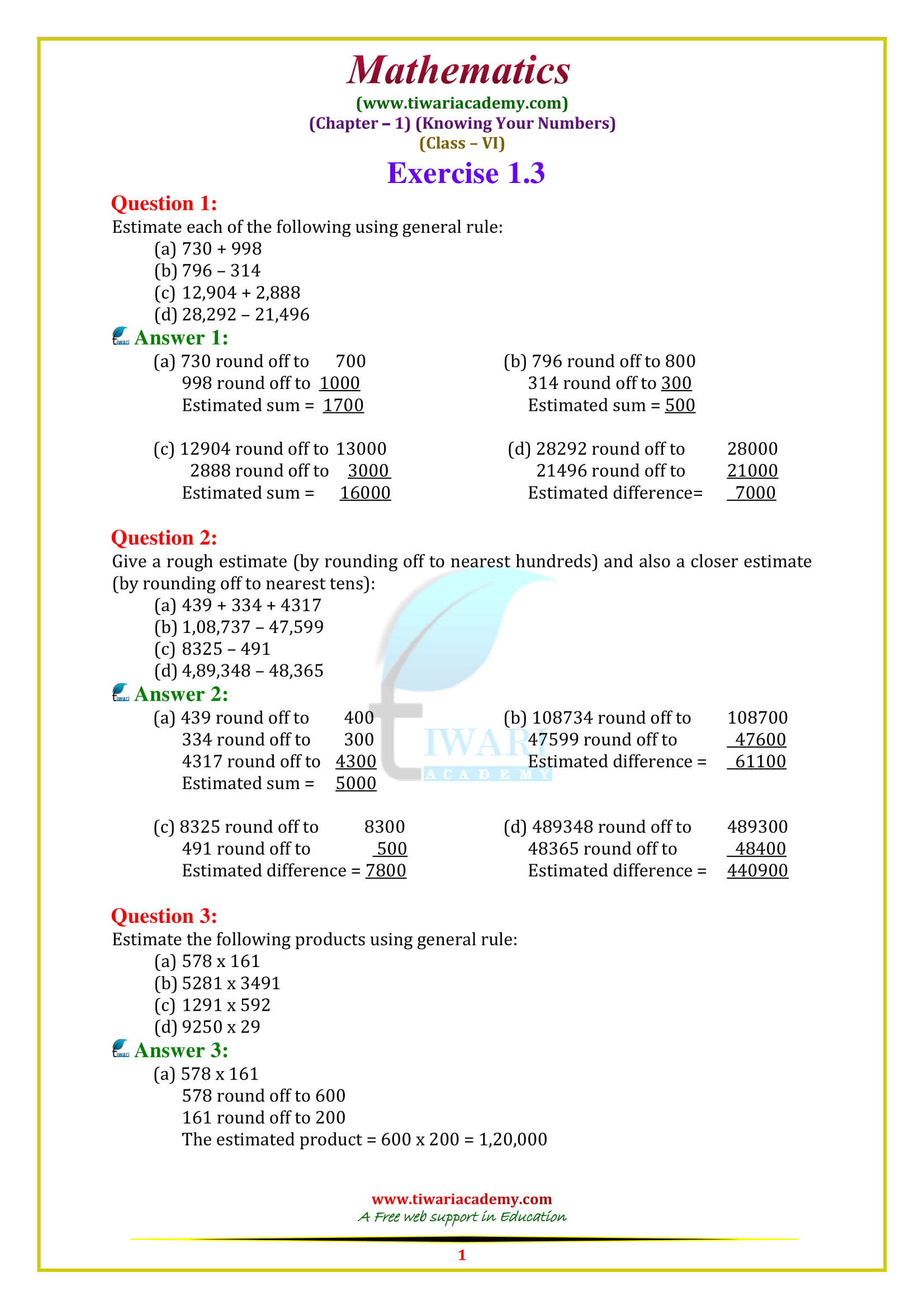 NCERT Solutions for Class 6 Maths Chapter 1 Knowing Our Numbers PDF NCERT Solutions for Class 6 Maths Chapter 1 Knowing Our Numbers PDF